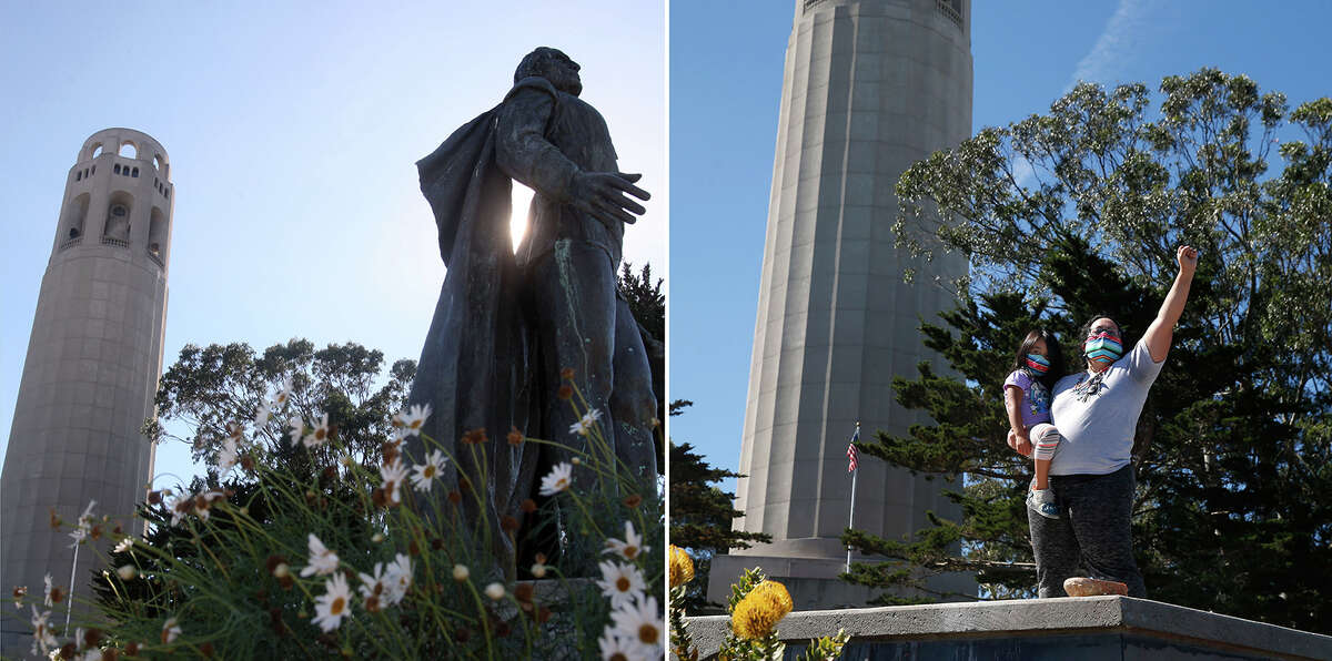 Who should be honored in place of the Columbus statue at SF's Coit Tower?
