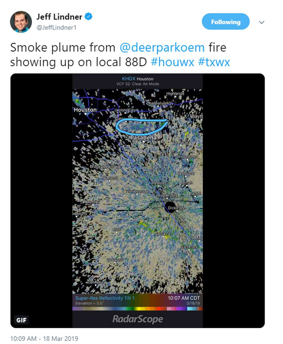 Radar image shows plume of smoke from Deer Park plant fire, according ...