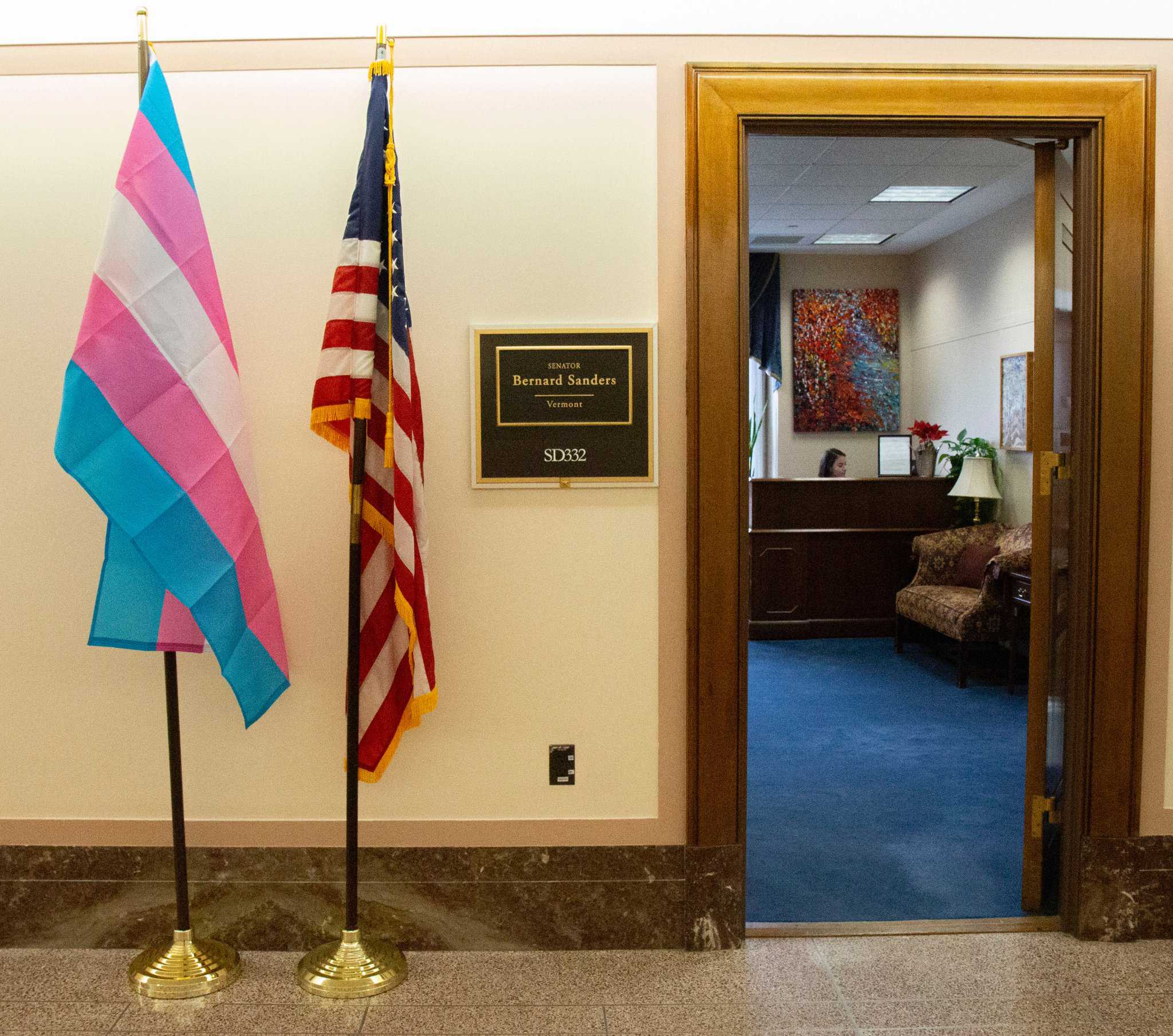Sen. Bernie Sanders displays transgender pride flag at office