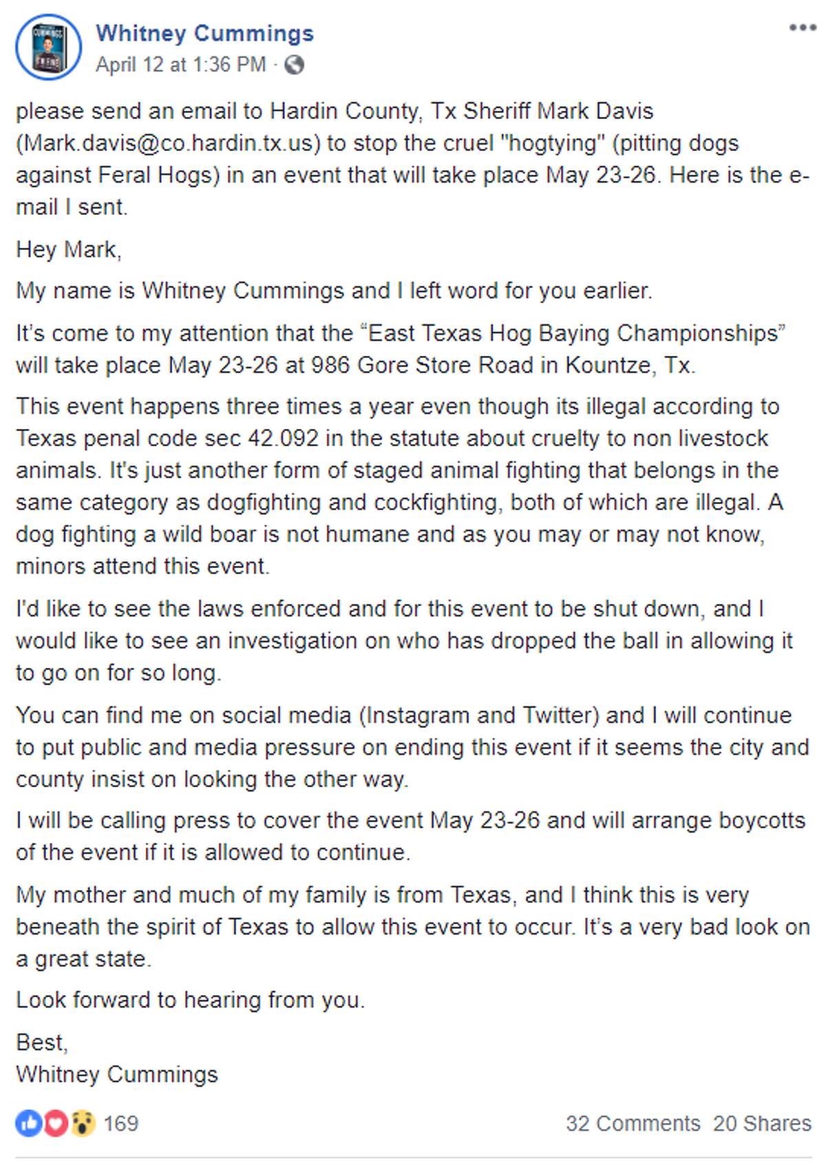 Comedian Whitney Cummings sparks social media outrage over small Texas ...