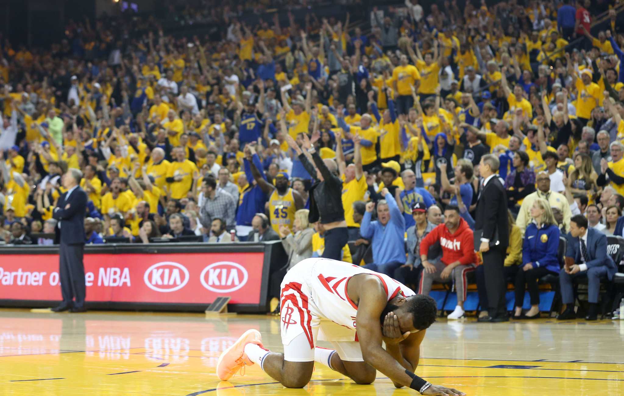 James Harden gets hurt, Rockets fall to Warriors in Game 2