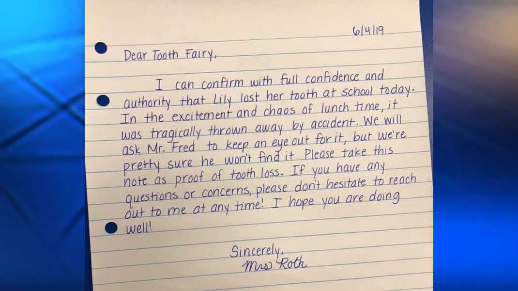 Teacher writes letter to tooth fairy after student loses tooth at school