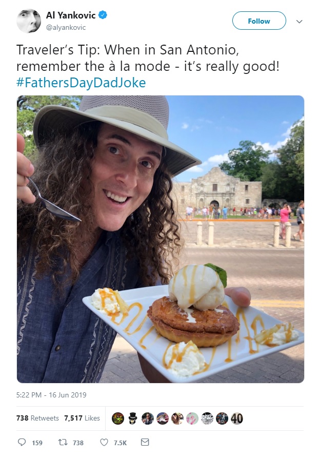 'Weird Al' drops a Father's Day joke while visiting the Alamo in San ...