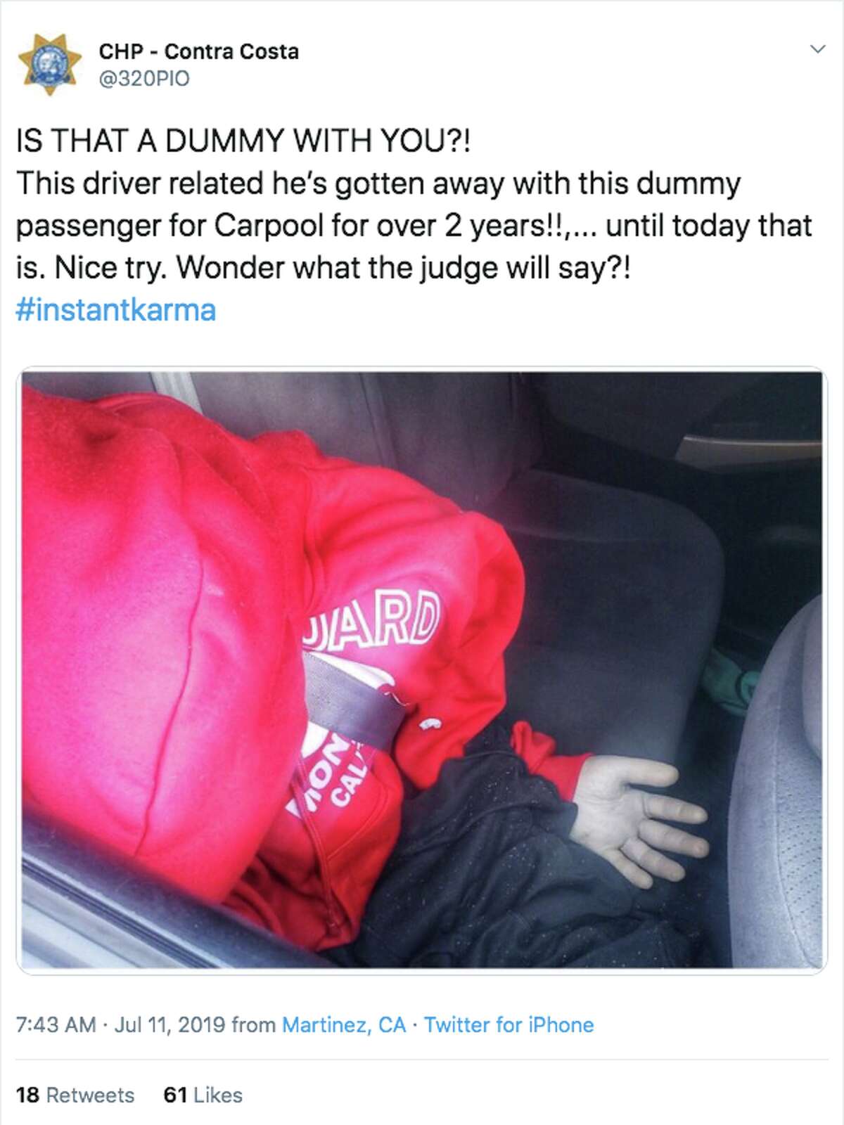 See the dummy a Bay Area motorist put in front seat to cheat carpool lane