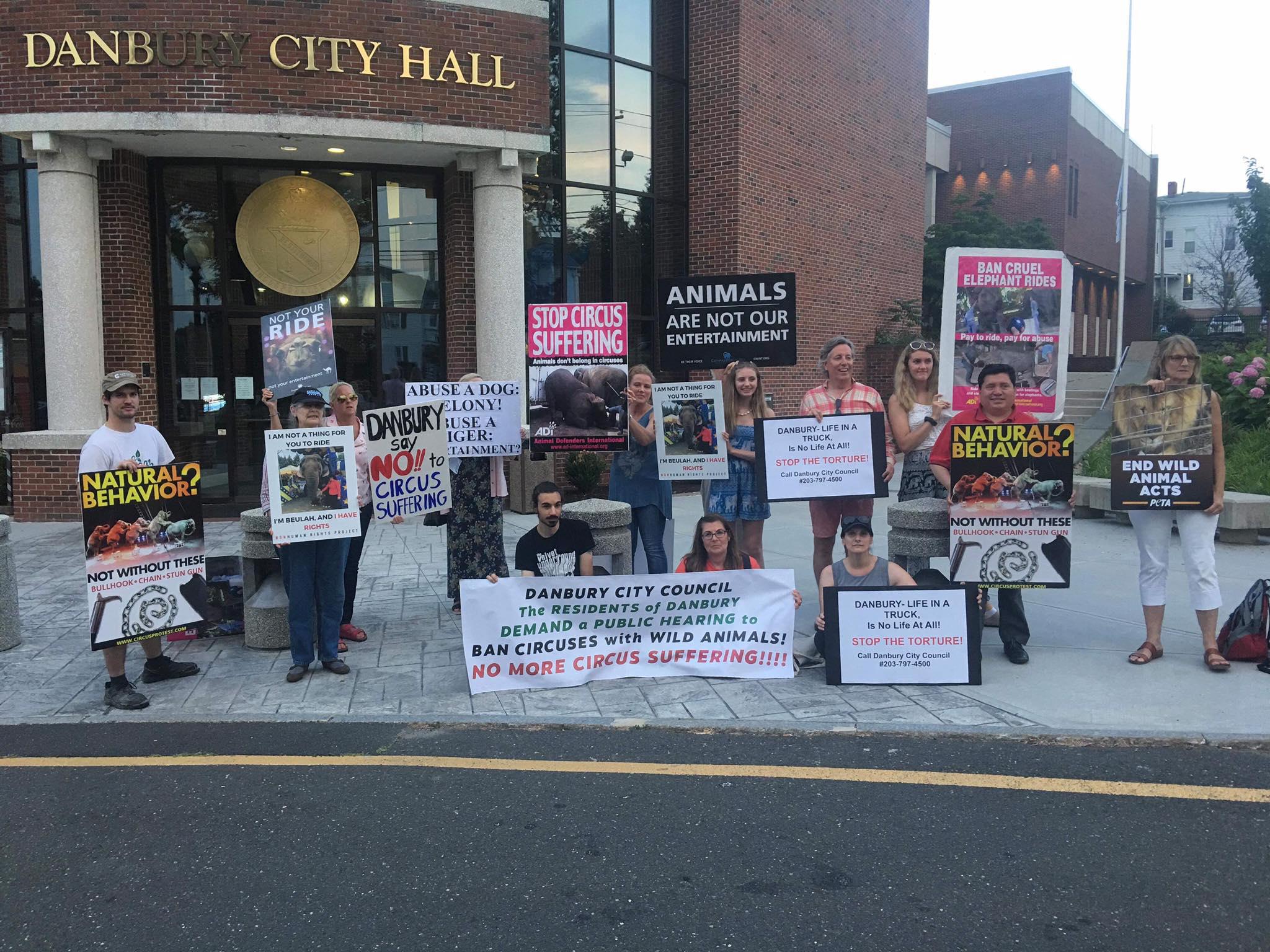 Anti-animal circus demonstrators rally outside Danbury City Hall