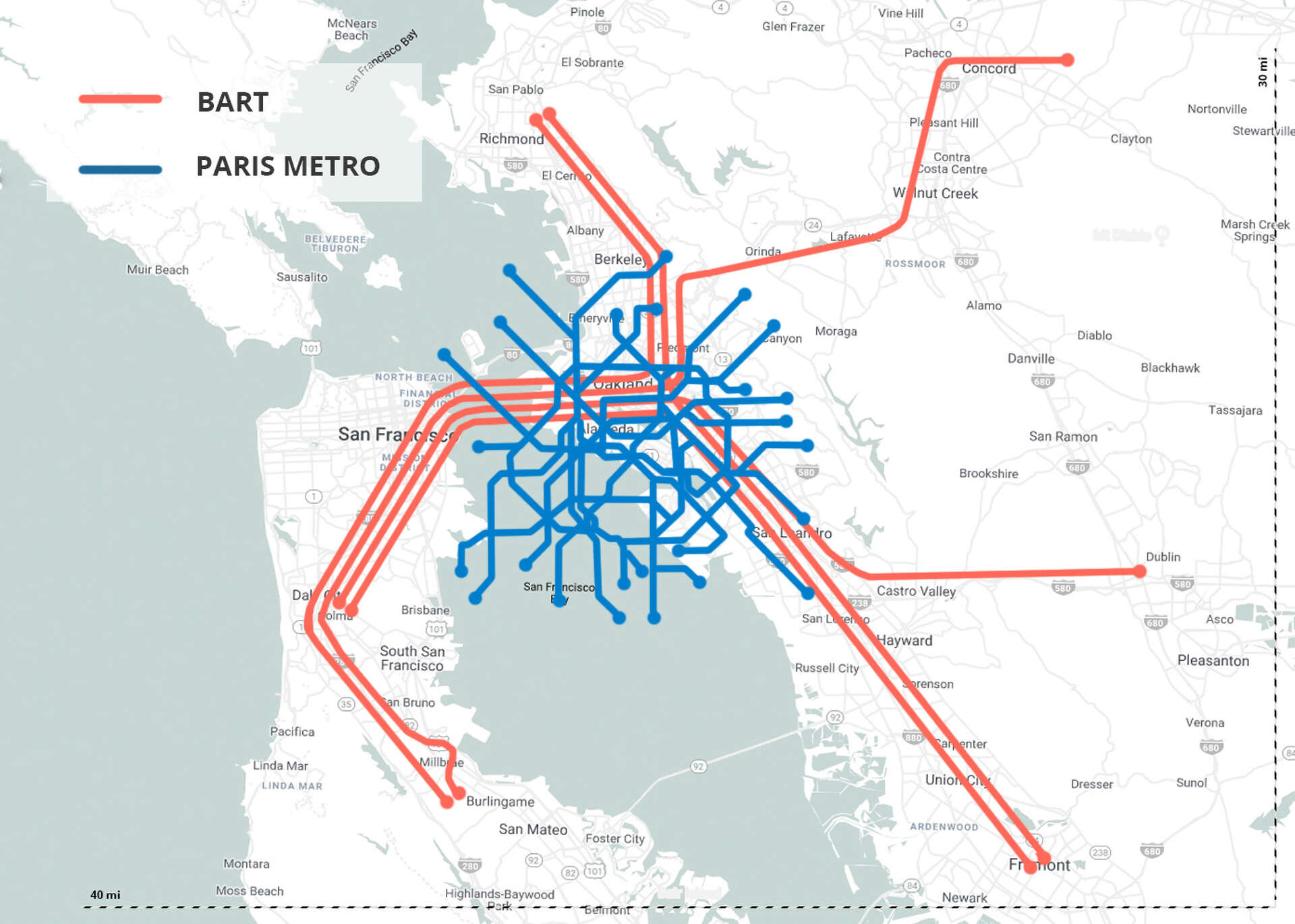 Maps compare BART’s footprint to other major transit systems around the ...