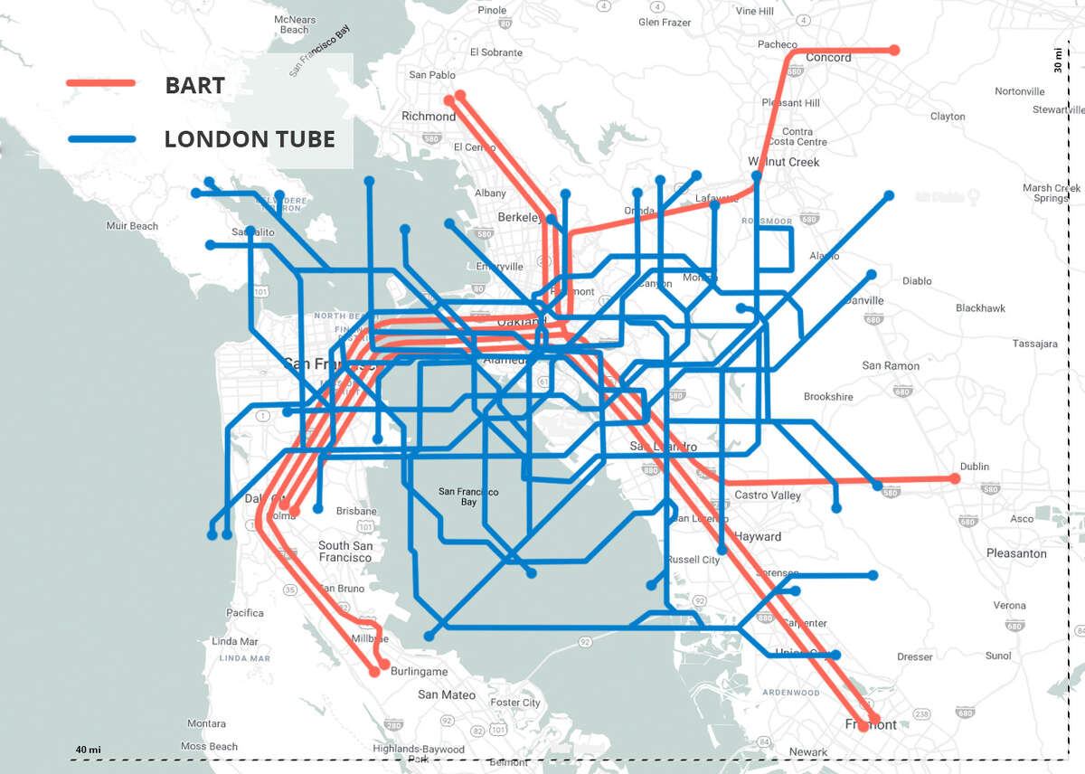 Maps compare BART’s footprint to other major transit systems around the ...