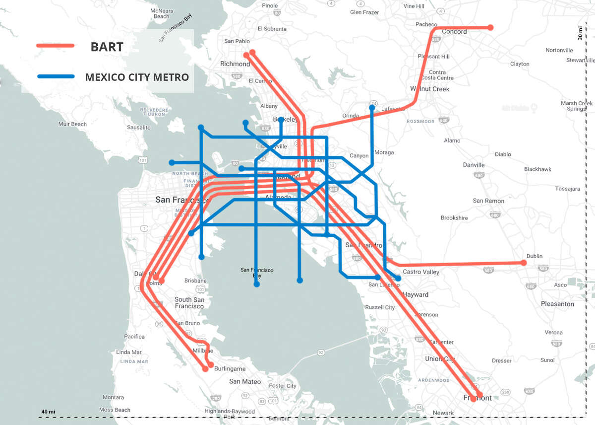 Maps compare BART’s footprint to other major transit systems around the ...