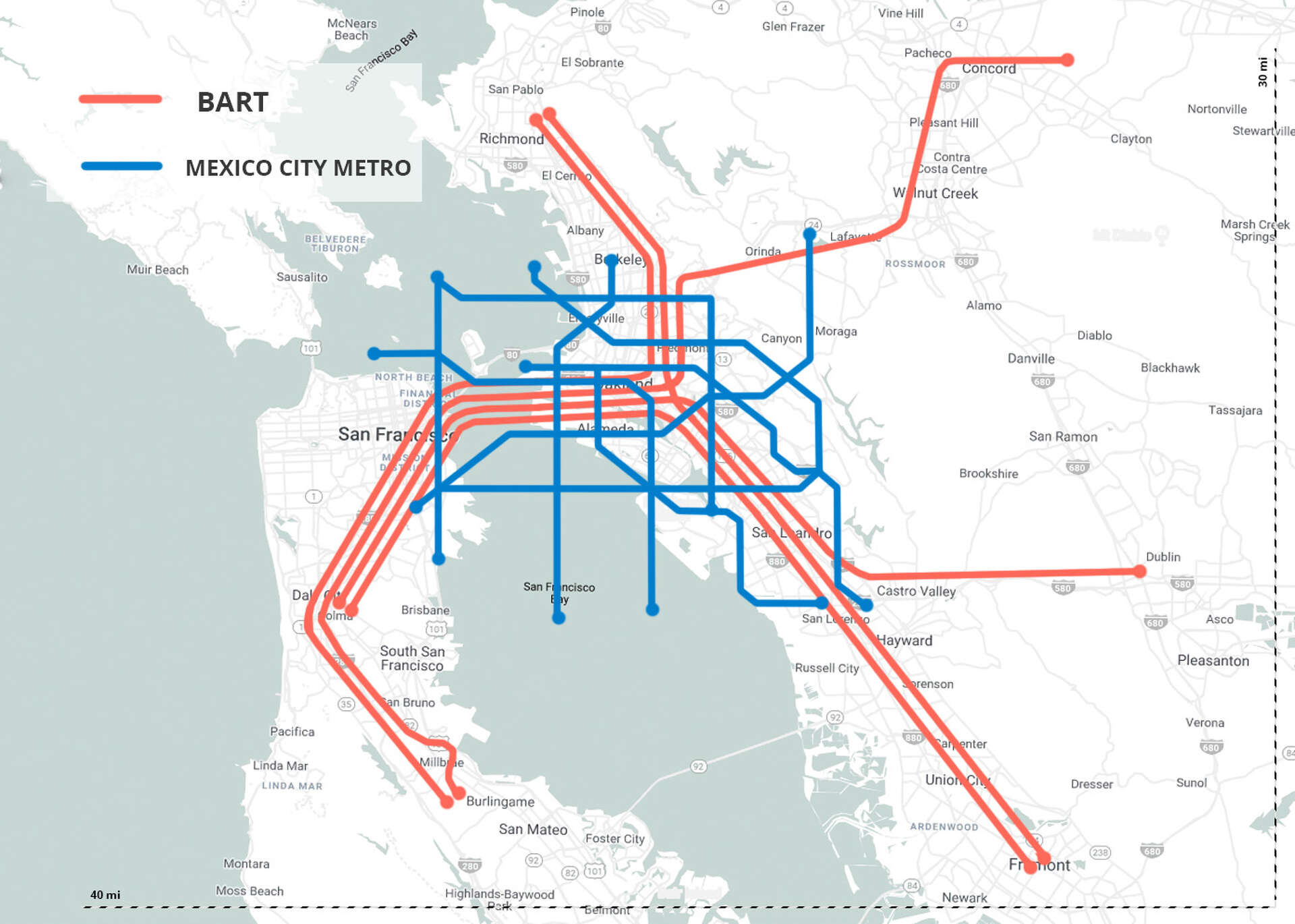 Maps compare BART’s footprint to other major transit systems around the ...