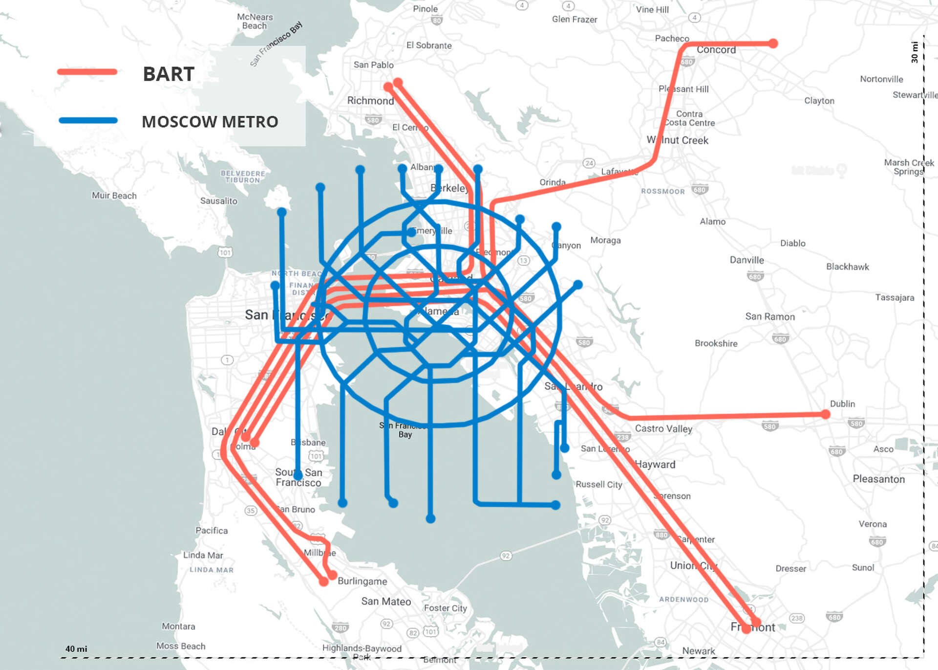 Maps compare BART’s footprint to other major transit systems around the ...