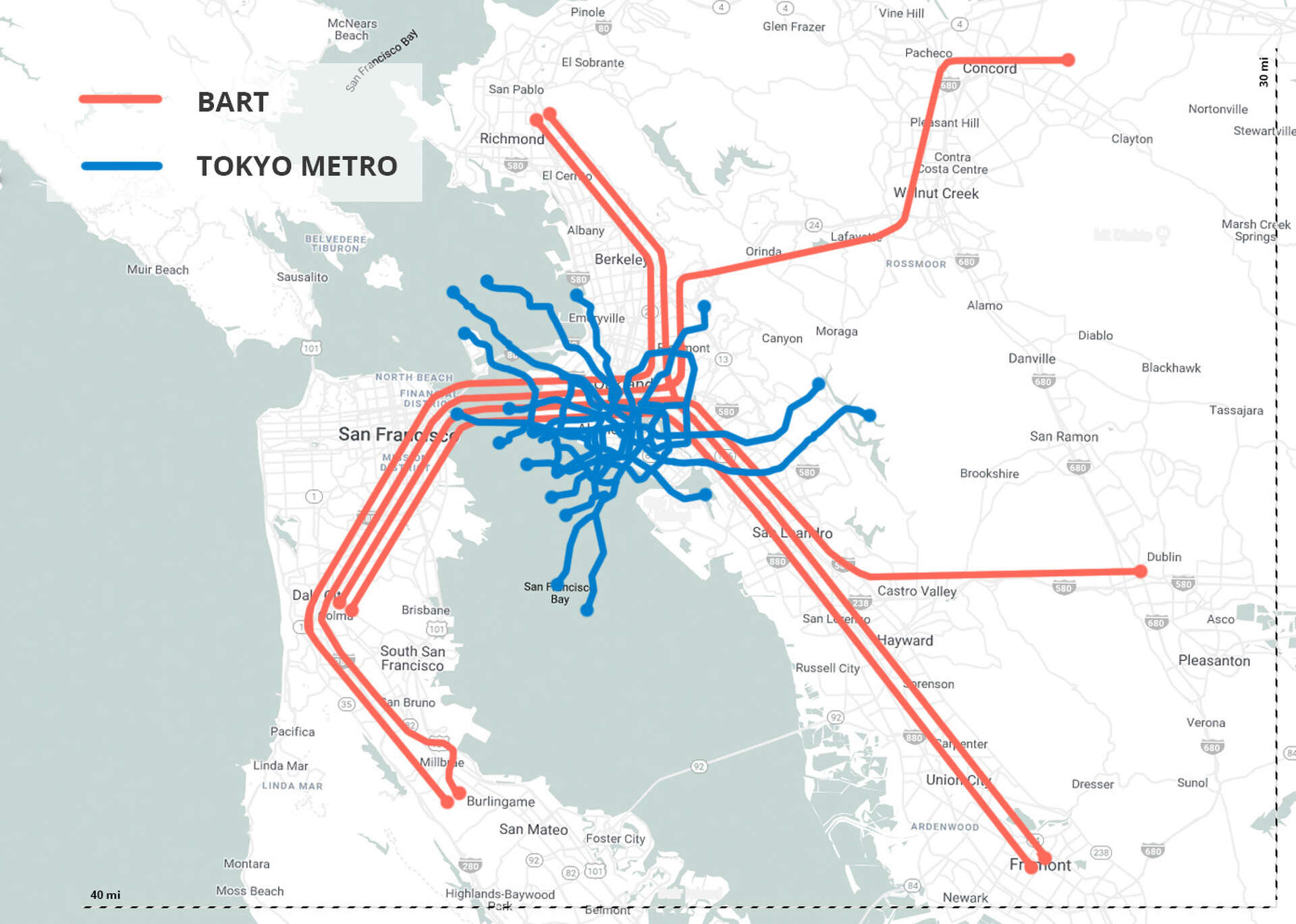 Maps compare BART’s footprint to other major transit systems around the ...