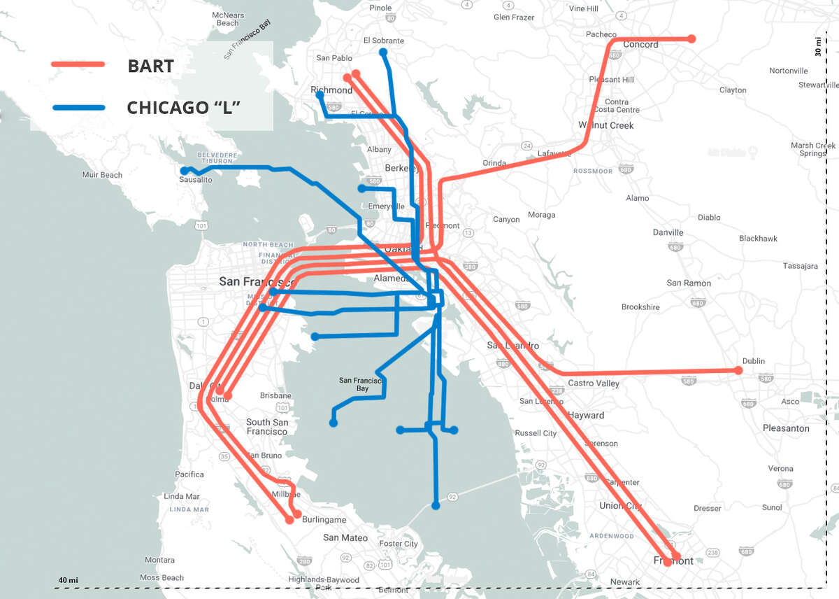 Maps compare BART’s footprint to other major transit systems around the ...