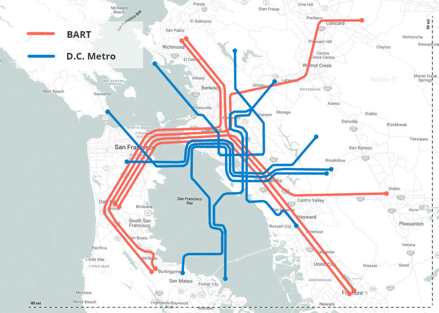 Maps compare BART’s footprint to other major transit systems around the ...