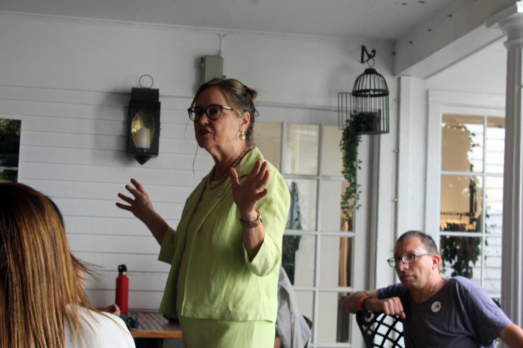 Merrill talks election security in visit to Westport