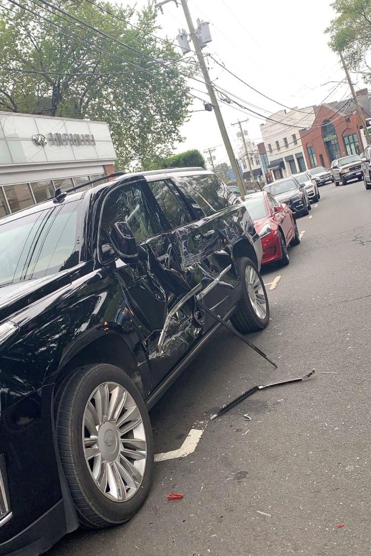 Cadillac damaged on Milbank Avenue in Greenwich