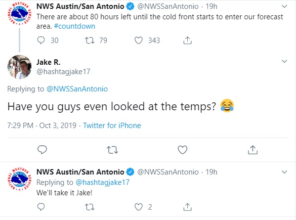 NWS tweets count down to cold front headed San Antonio next week