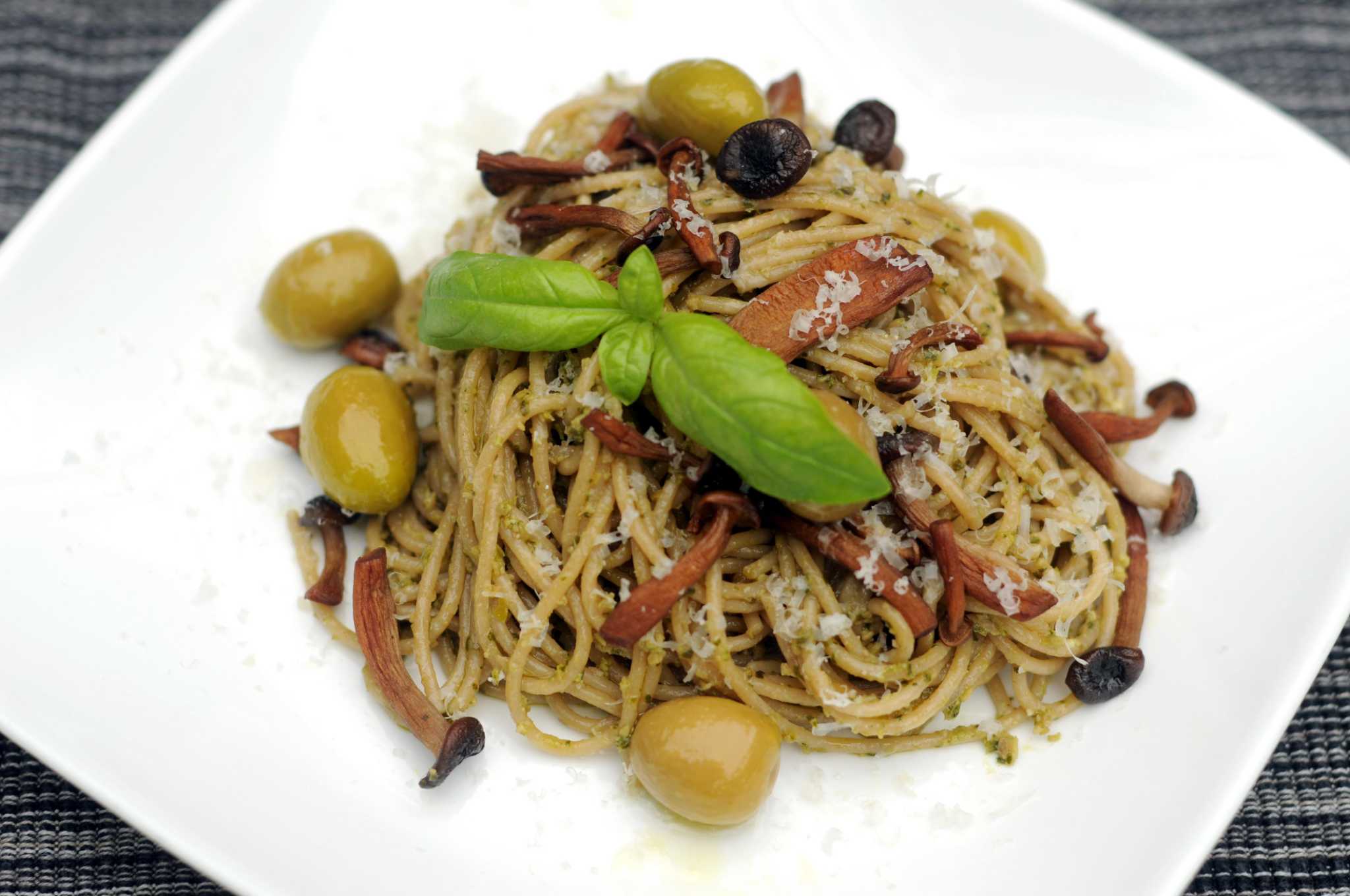 Recipe: Pasta with Olive Pesto and Mushrooms