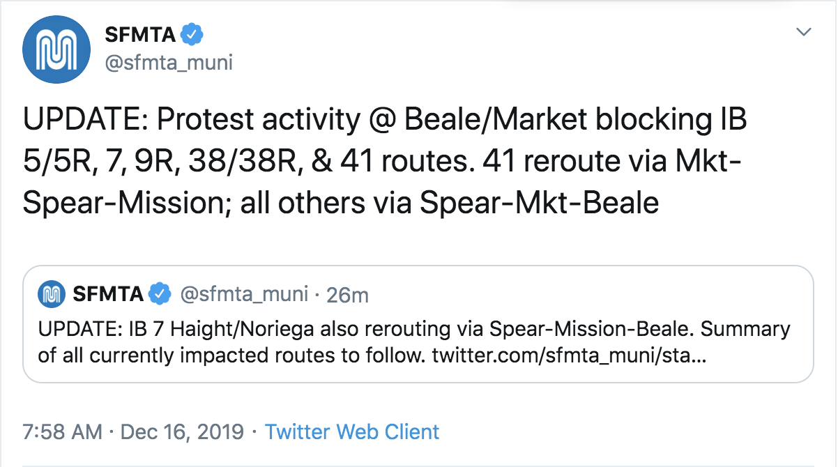 PG&E protest blocking Muni buses in downtown San Francisco
