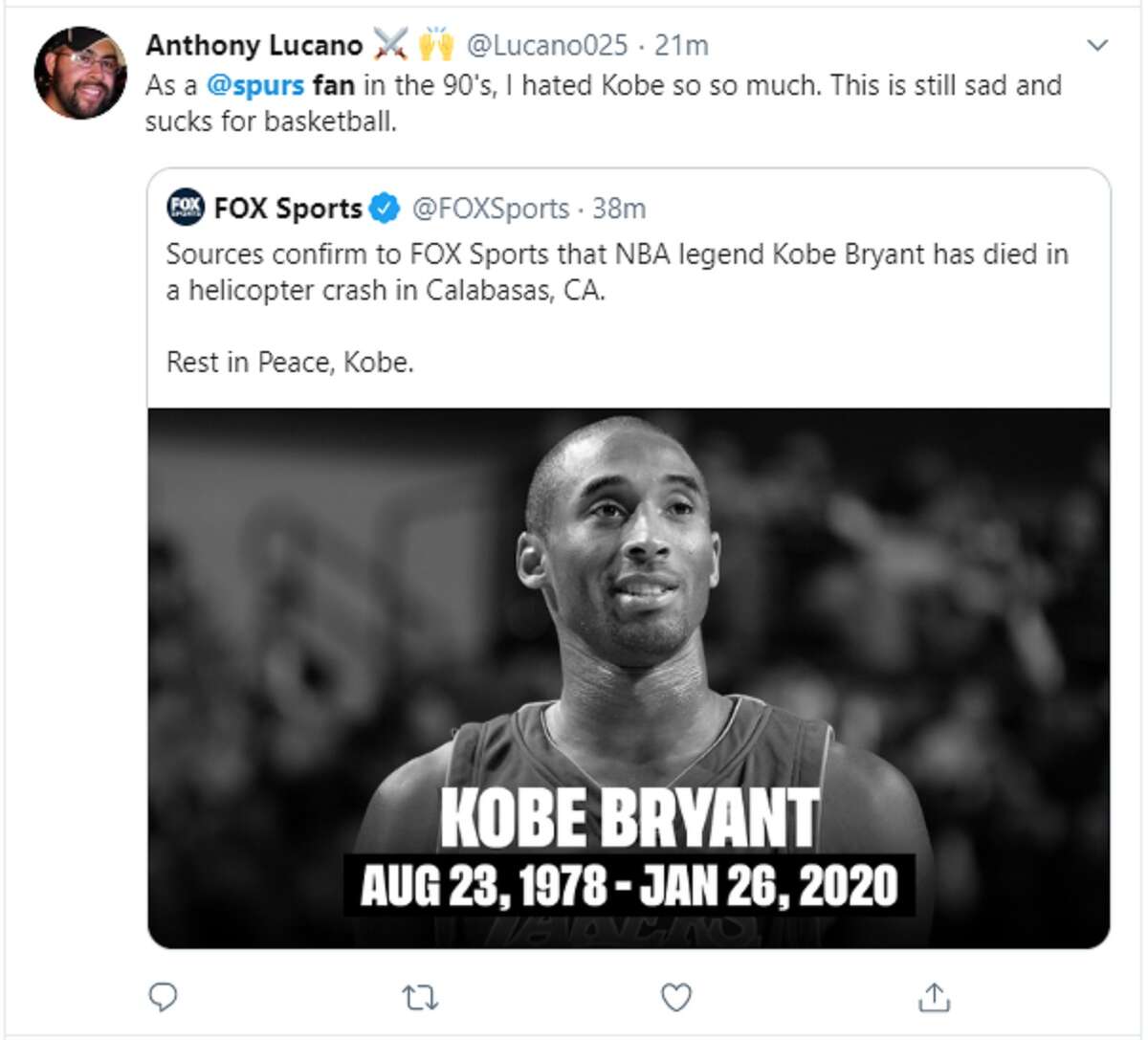 Spurs fans, former players react on Twitter to the death of Kobe Bryant