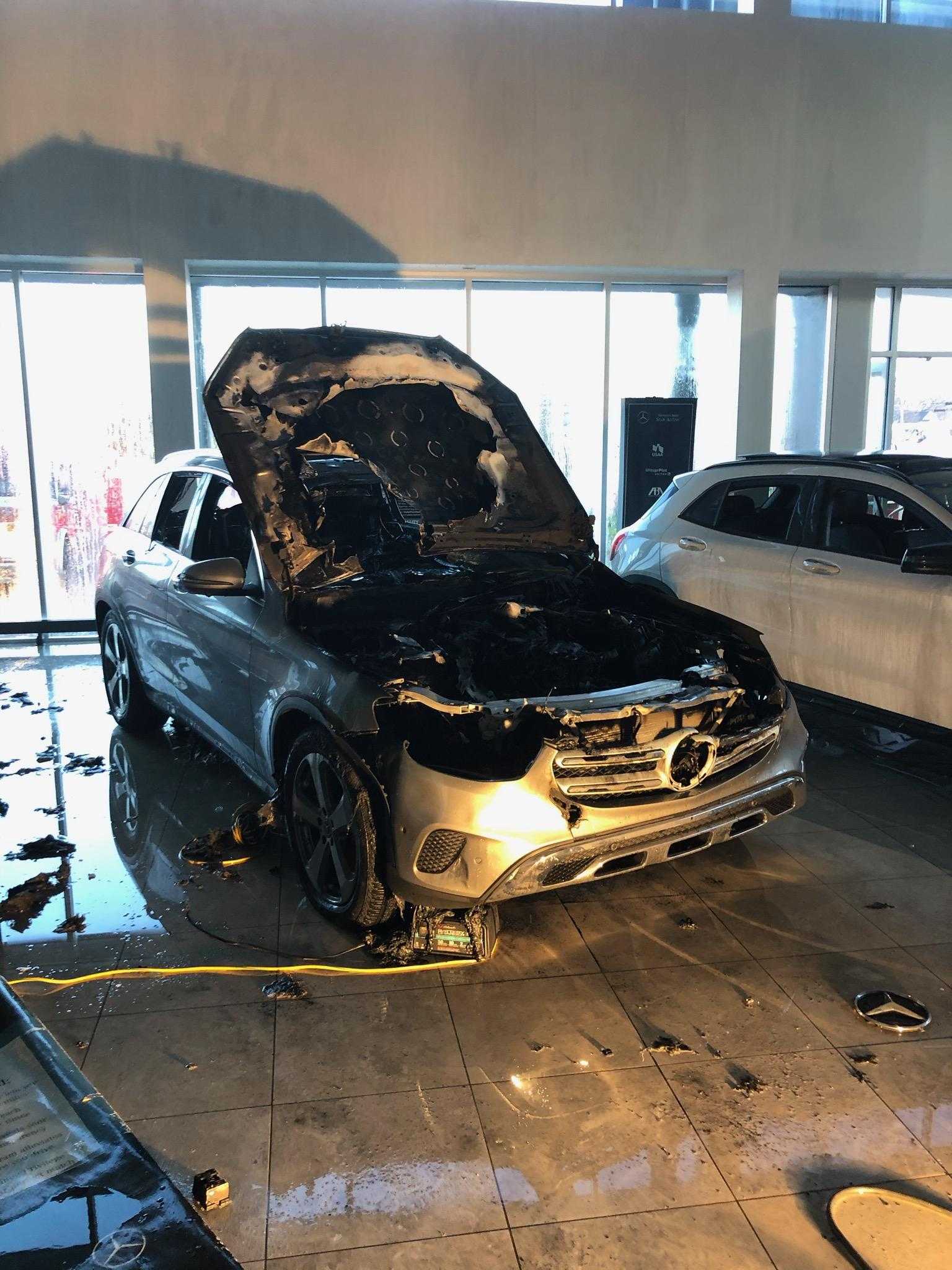 Mercedes catches fire overnight in dealership showroom