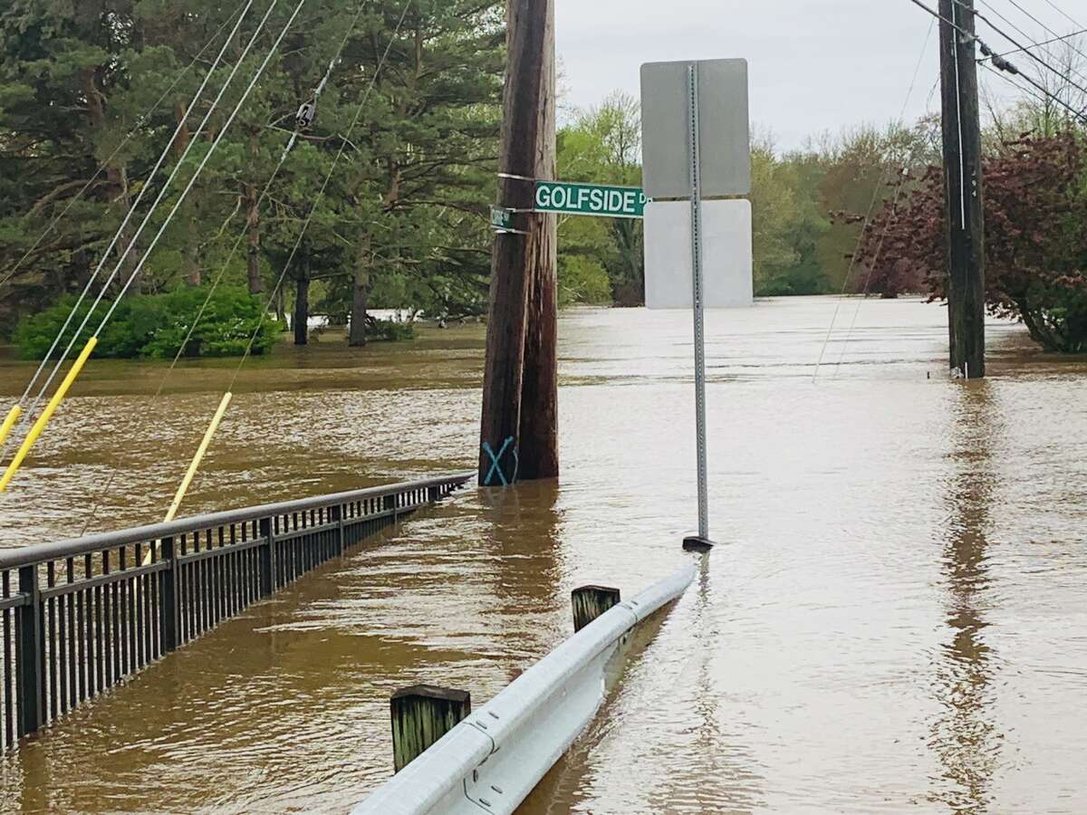 Aerial photographs show flooding in downtown Midland Tuesday