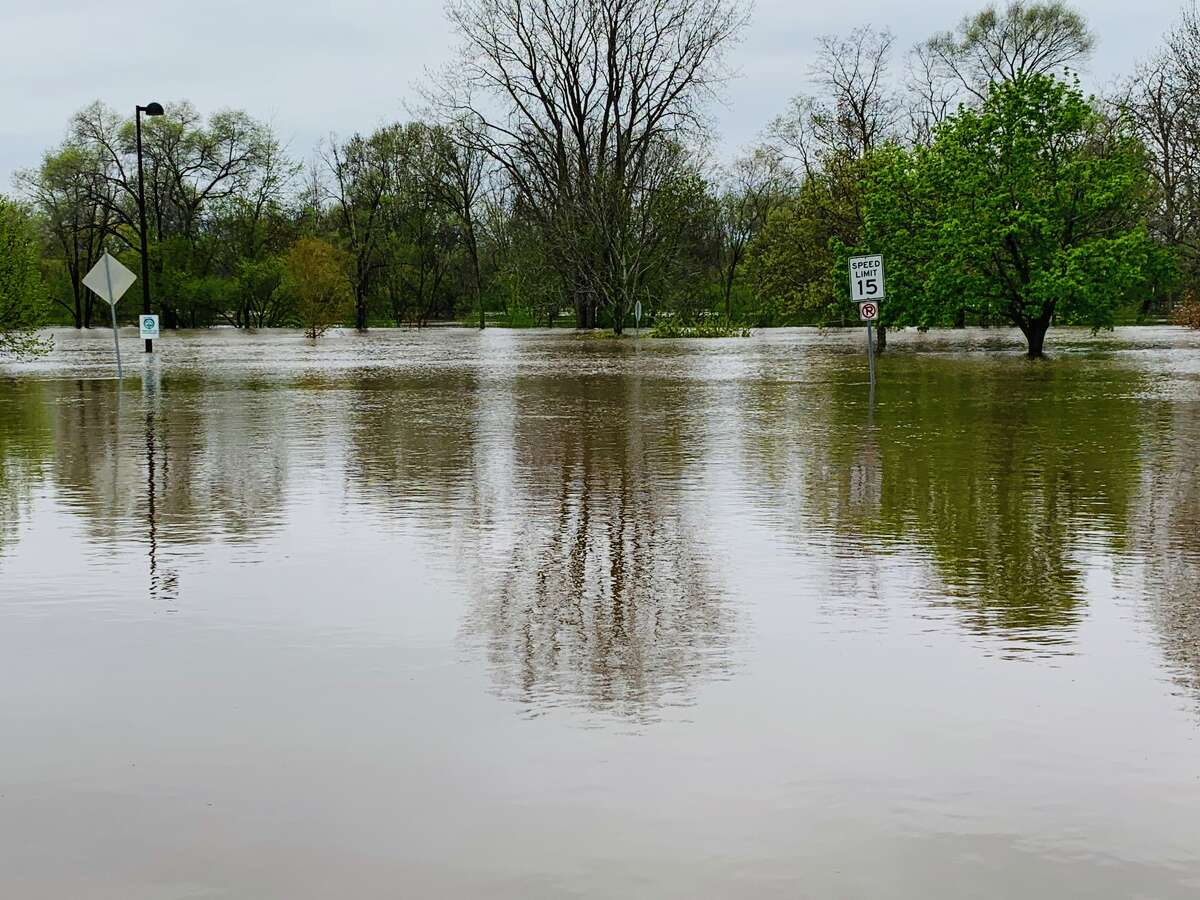 Aerial photographs show flooding in downtown Midland Tuesday