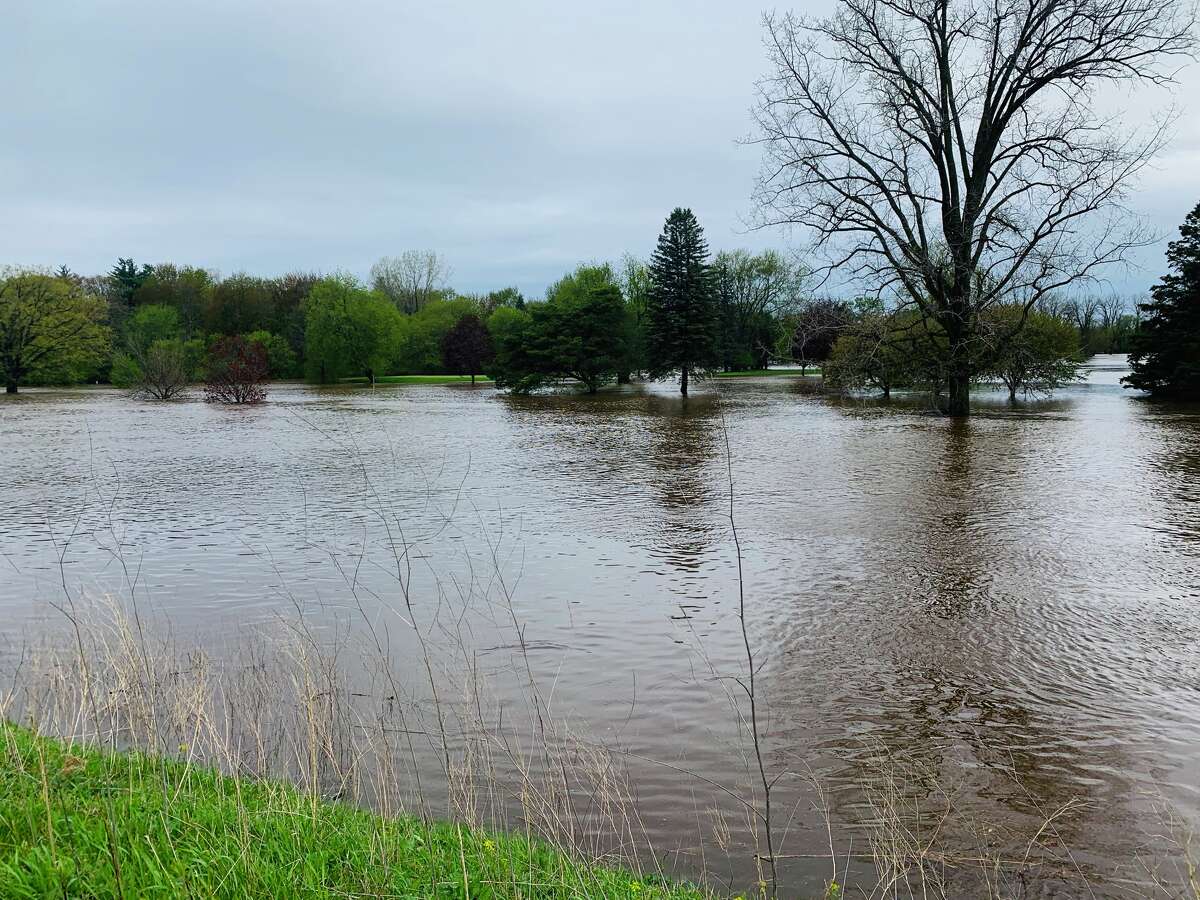 Aerial photographs show flooding in downtown Midland Tuesday
