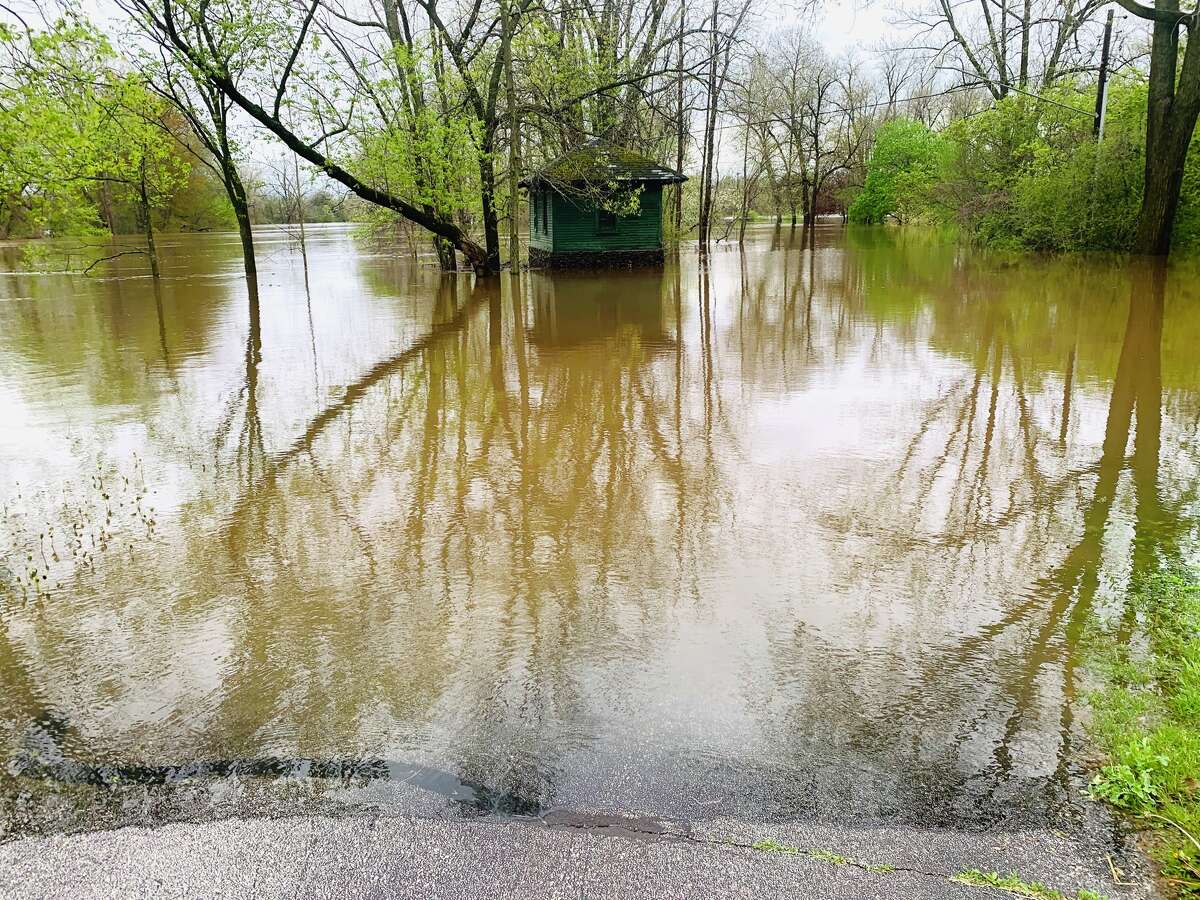 Aerial photographs show flooding in downtown Midland Tuesday
