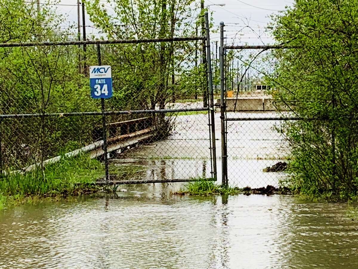 Aerial photographs show flooding in downtown Midland Tuesday
