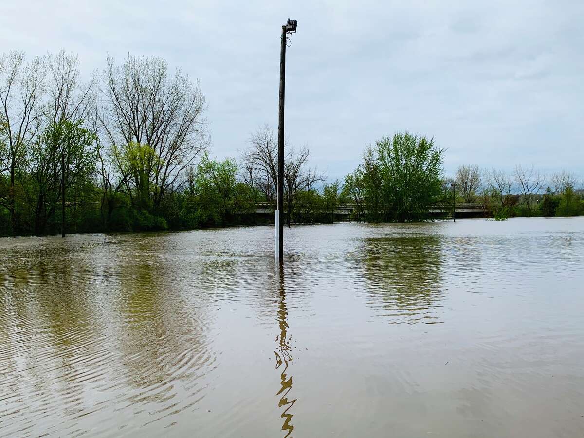 Aerial photographs show flooding in downtown Midland Tuesday