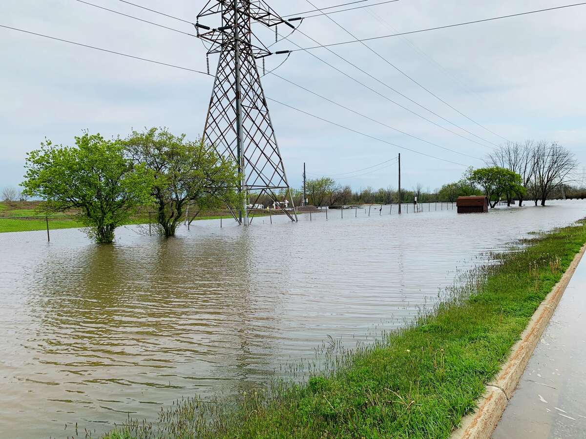 Aerial photographs show flooding in downtown Midland Tuesday