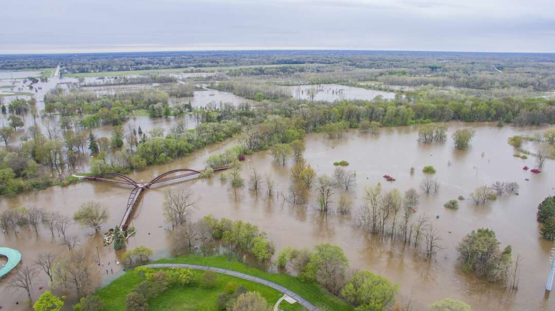 Aerial photographs show flooding in downtown Midland Tuesday