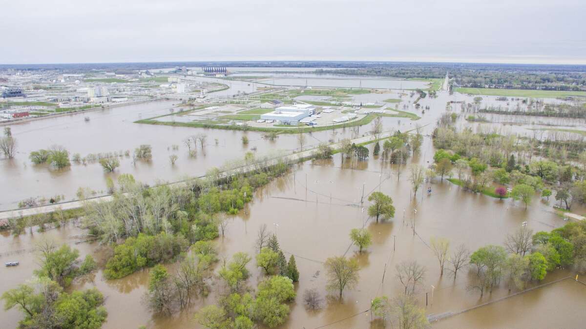 Aerial photographs show flooding in downtown Midland Tuesday