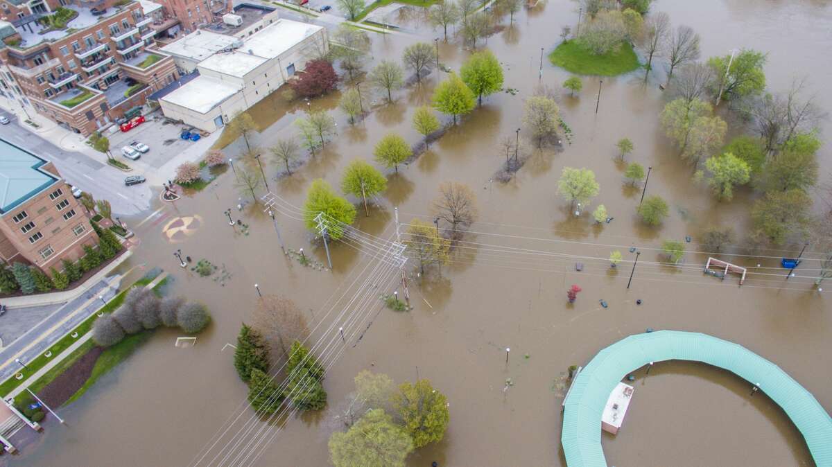 Aerial photographs show flooding in downtown Midland Tuesday