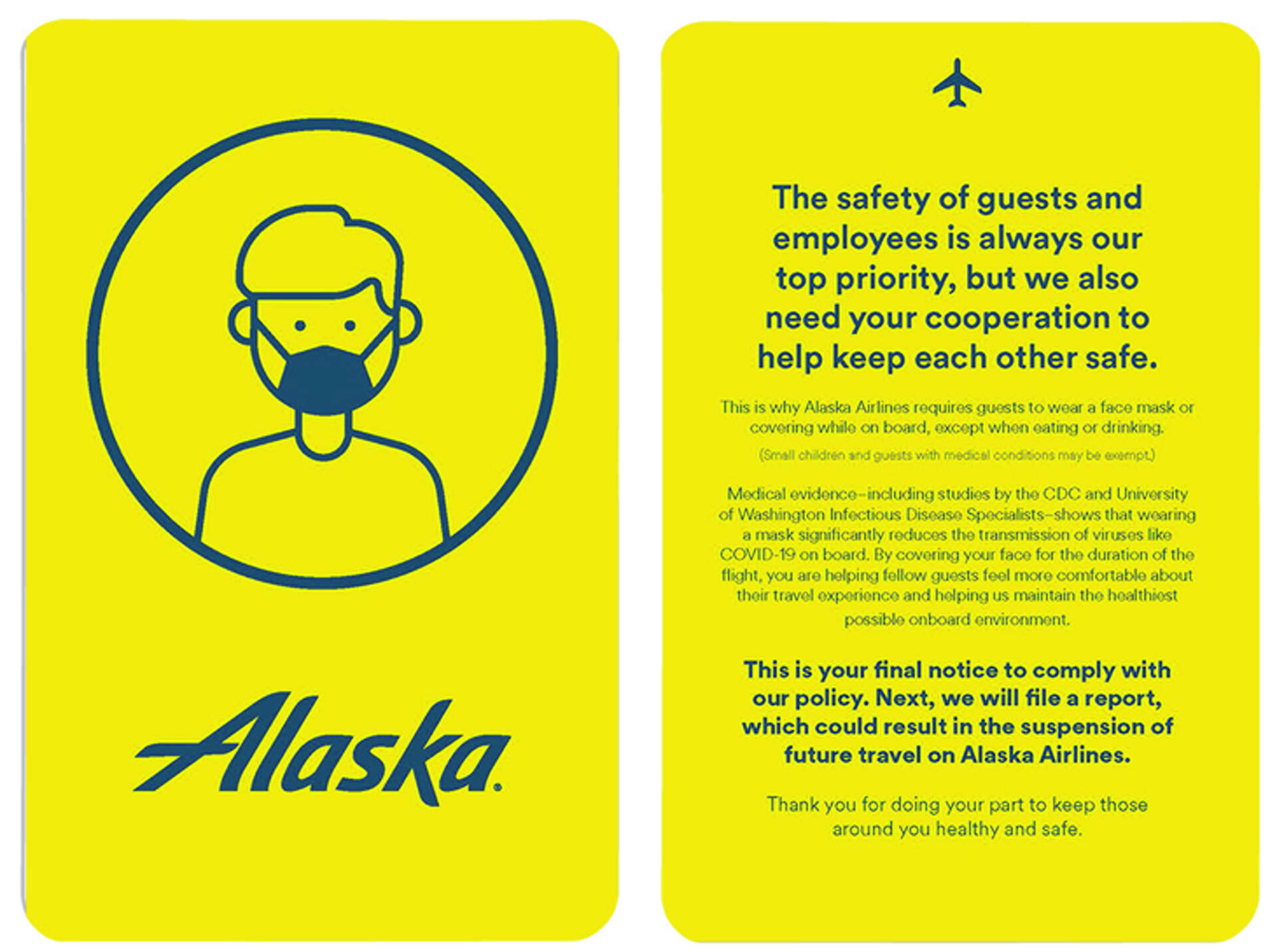 Alaska Airlines threatens unmasked fliers with yellow cards