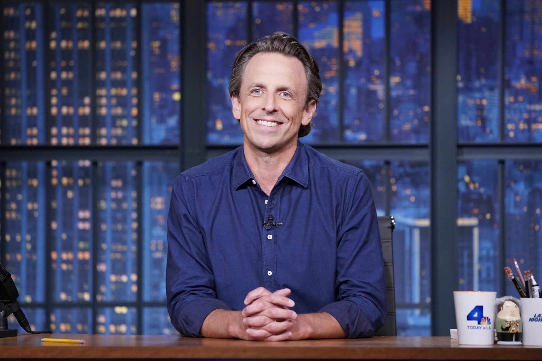 Talk show host Seth Meyers chats about Abbott's COVID case
