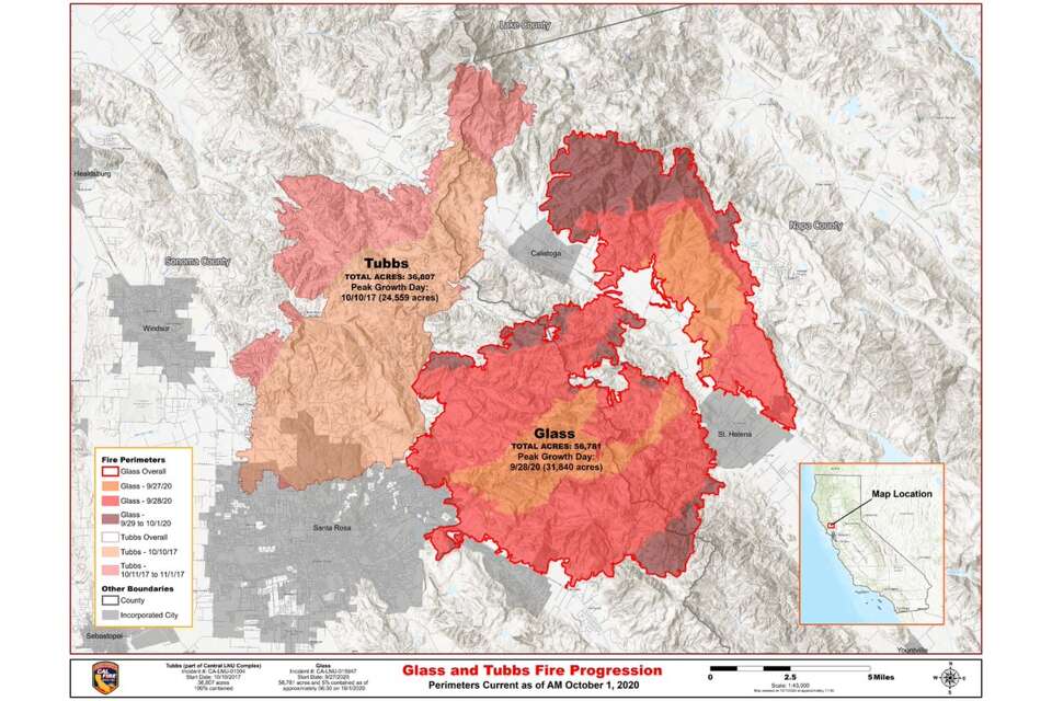 Map compares 2020 Glass Fire with 2017 Tubbs Fire