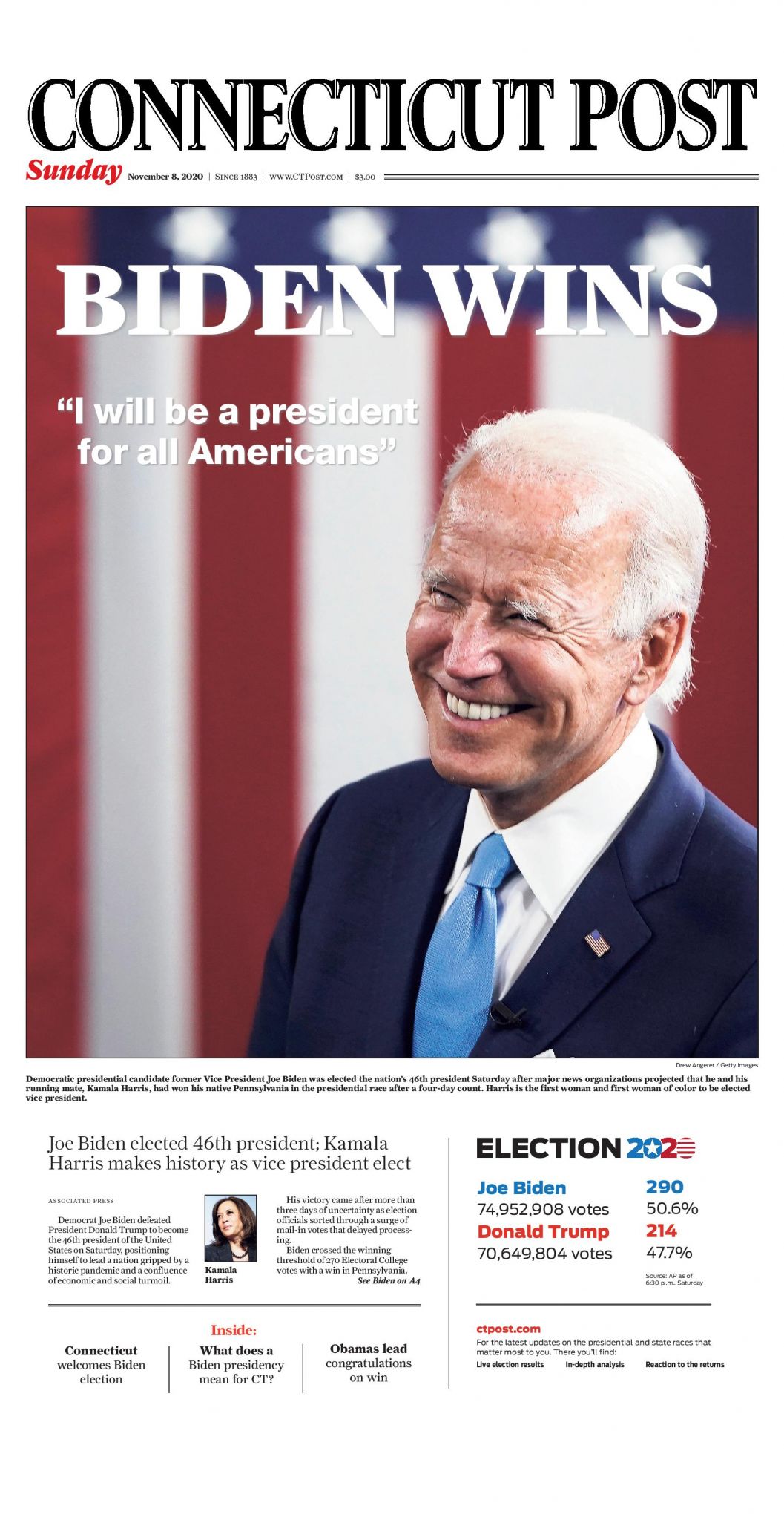 Presidential elections in Connecticut newspaper front pages