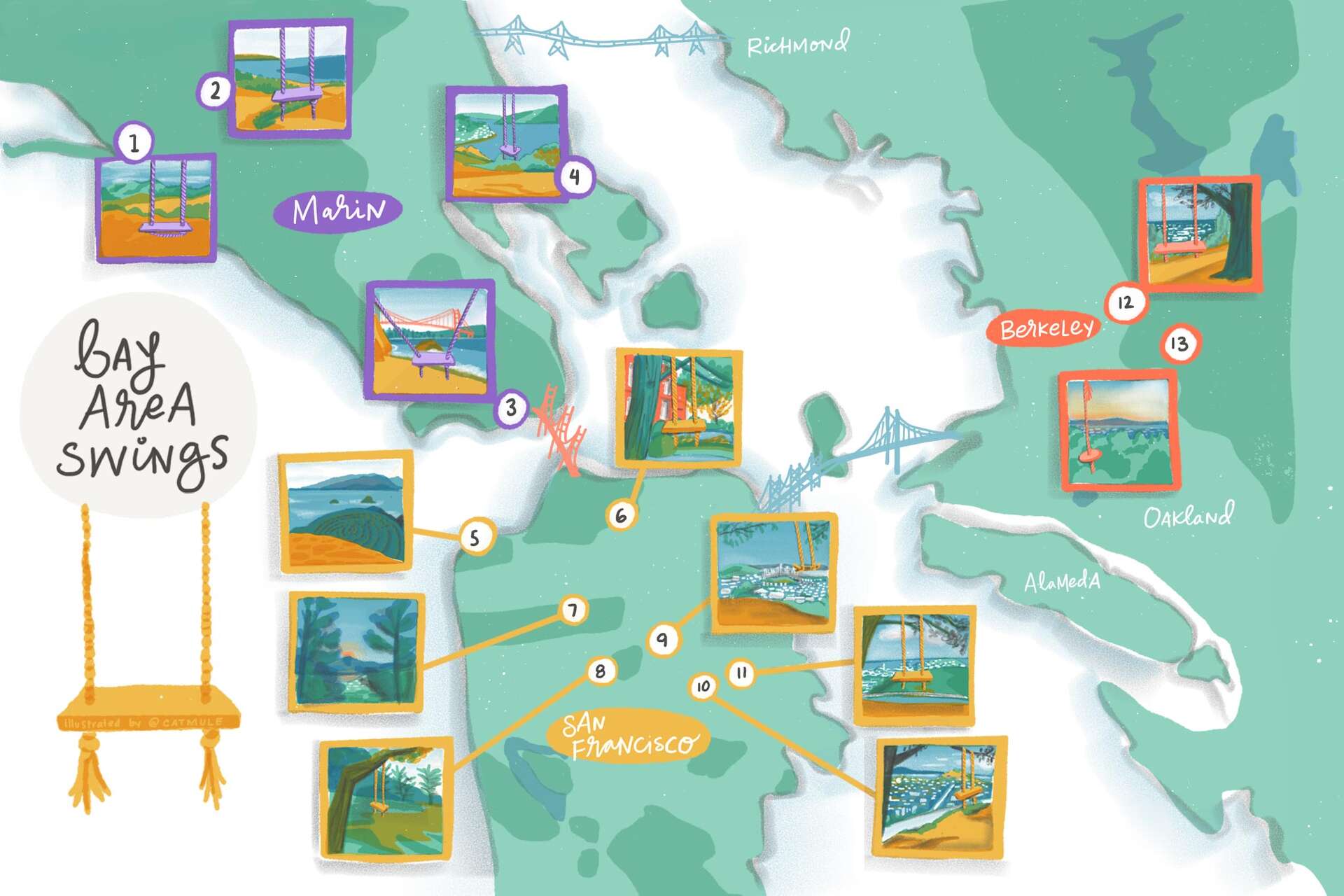 A map of swings with views in the Bay Area