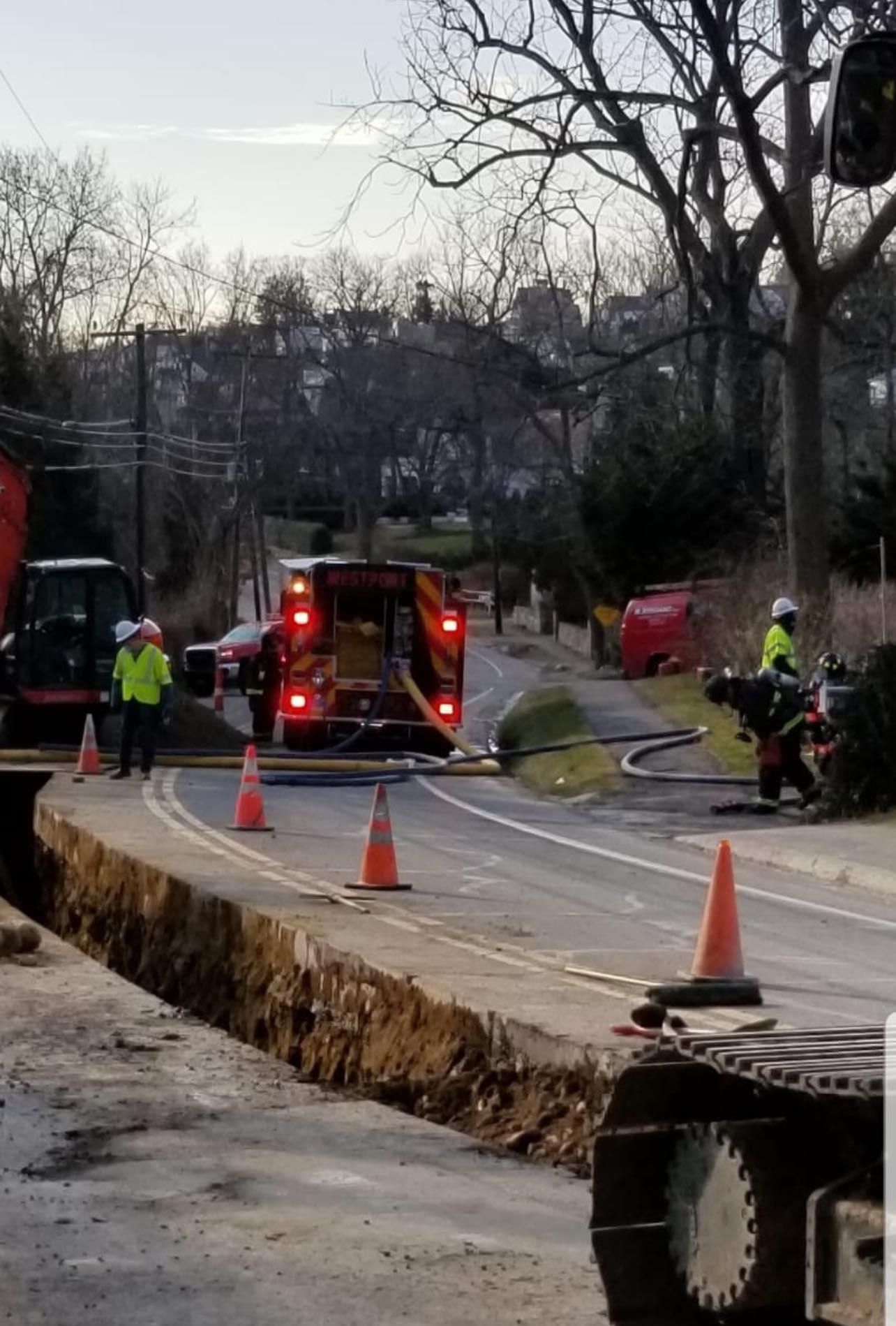 Westport Fire Department responds to cut gas line in the street