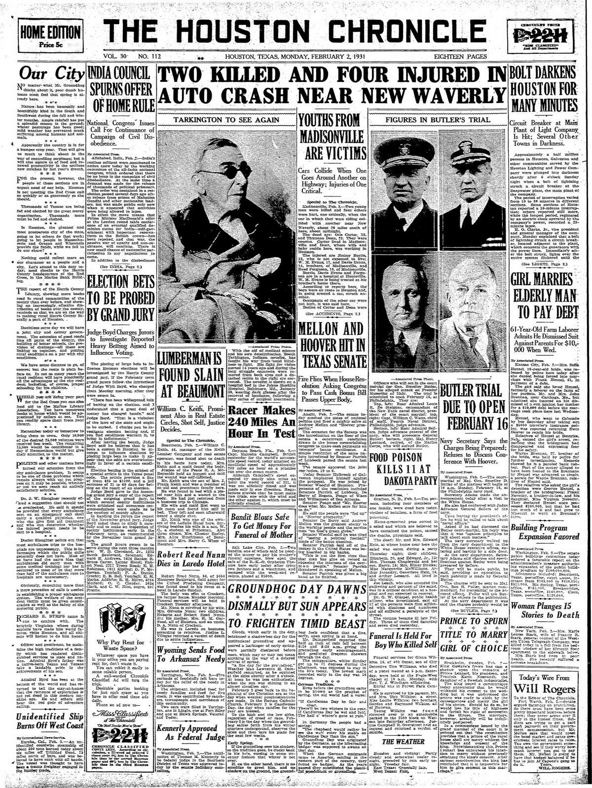 Houston Chronicle Page One: Feb. 2, 1931