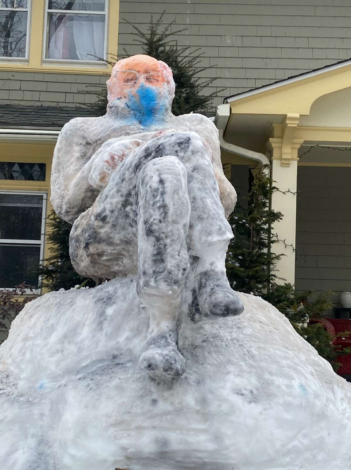 A New Haven man makes a Bernie meme snow sculpture — but it feels the Bern