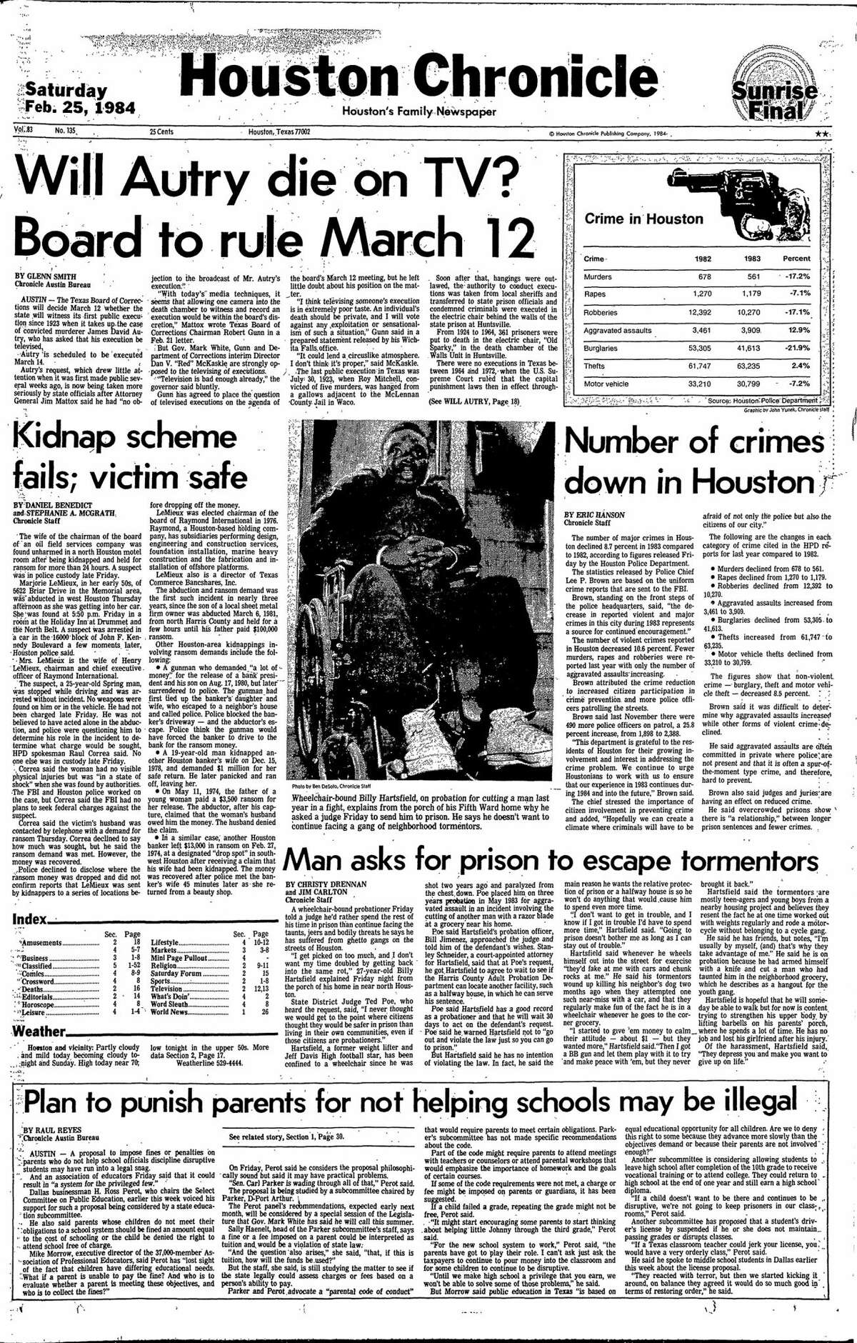Houston Chronicle Page One: Feb. 25, 1984