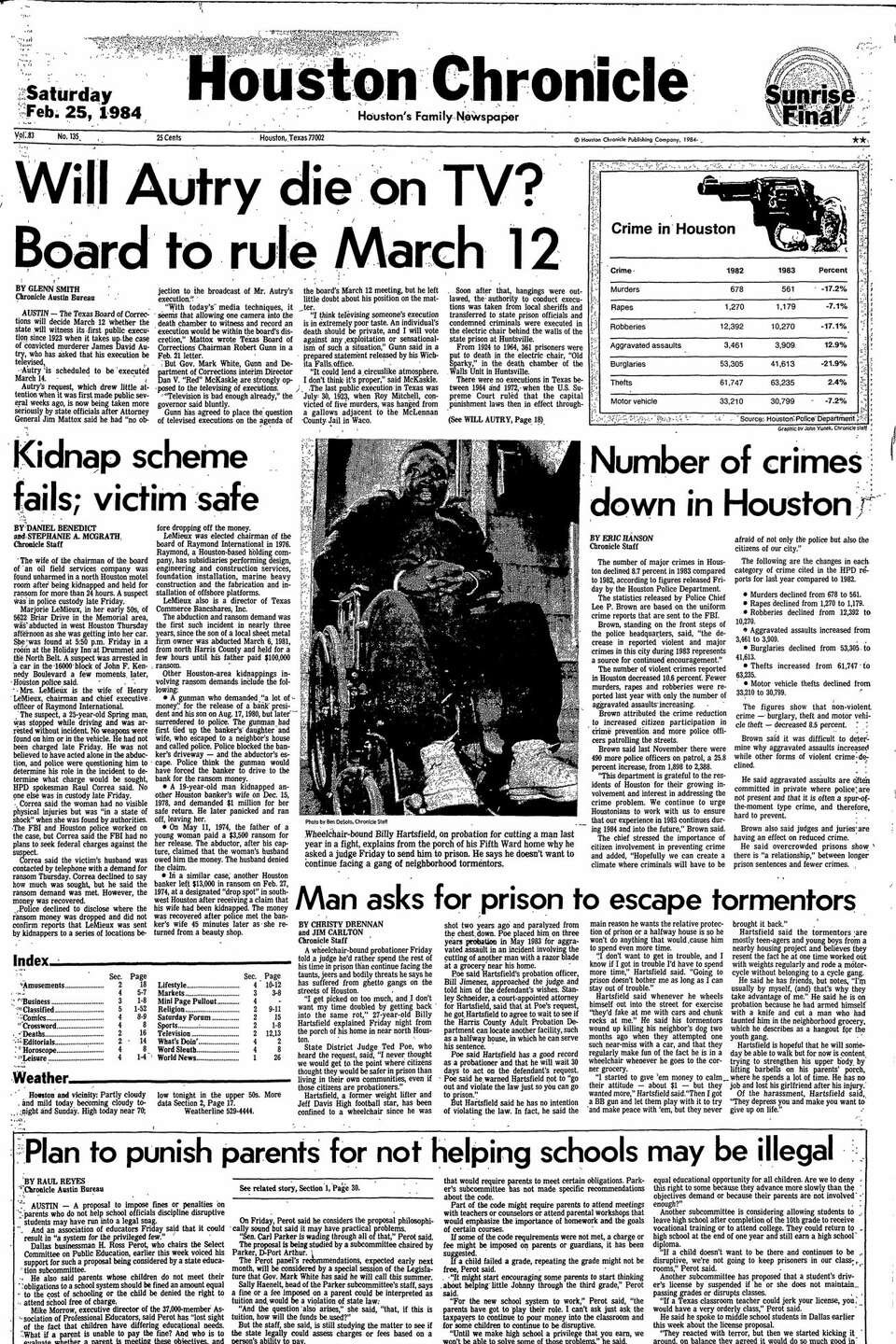 Houston Chronicle Page One: Feb. 25, 1984