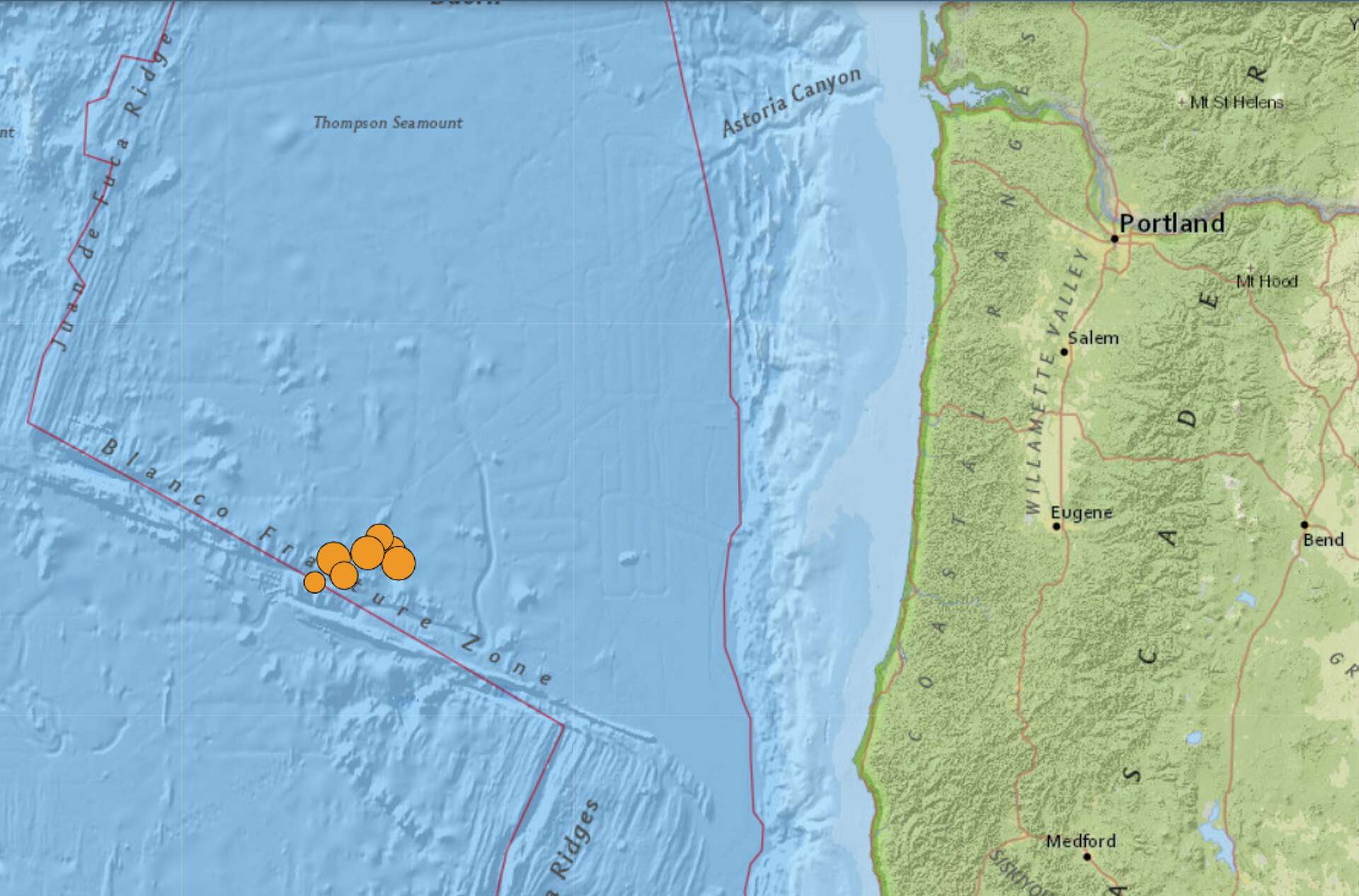 Swarm of earthquakes, three over magnitude 5, strikes off Oregon Coast