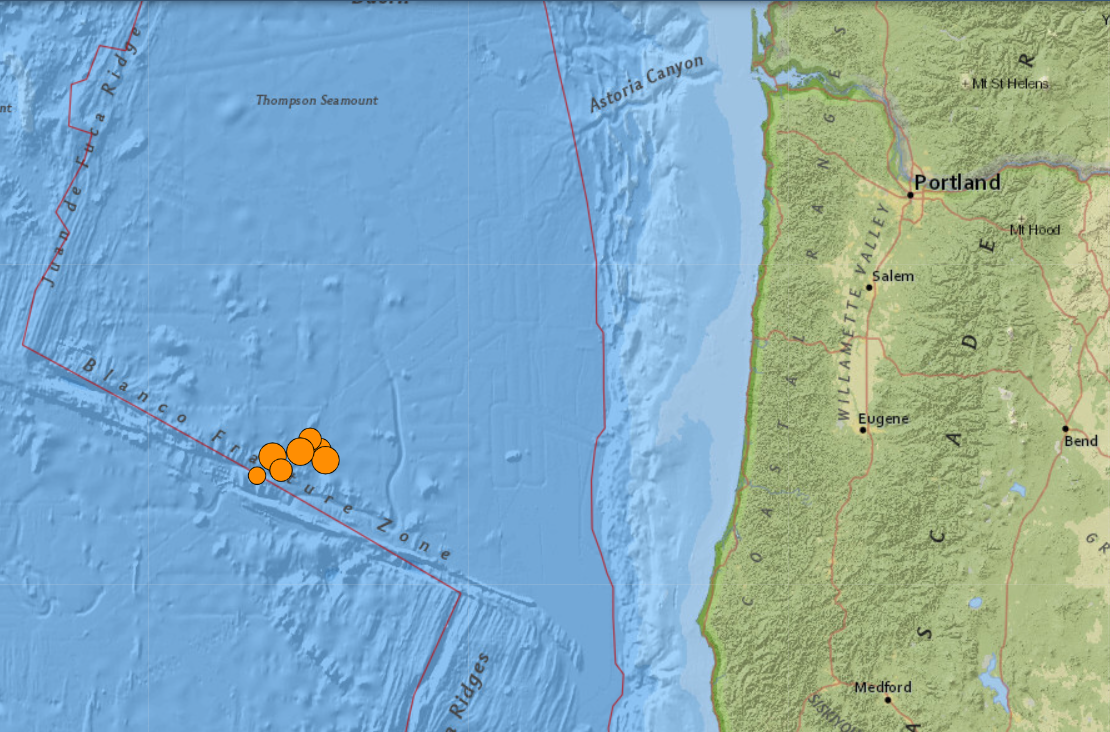 Swarm of earthquakes, three over magnitude 5, strikes off Oregon Coast