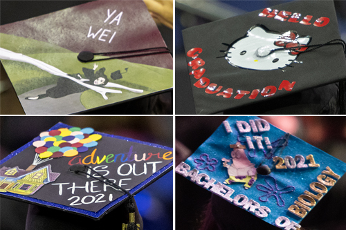 Photos: TAMIU seniors deck out graduation caps with memes, tributes