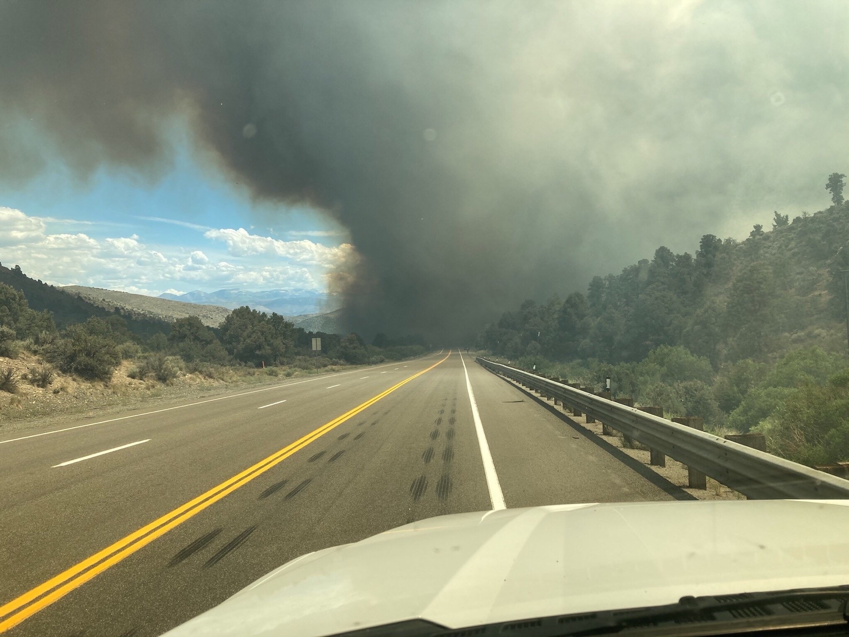 Spot fire from the Tamarack Fire crosses Highway 395