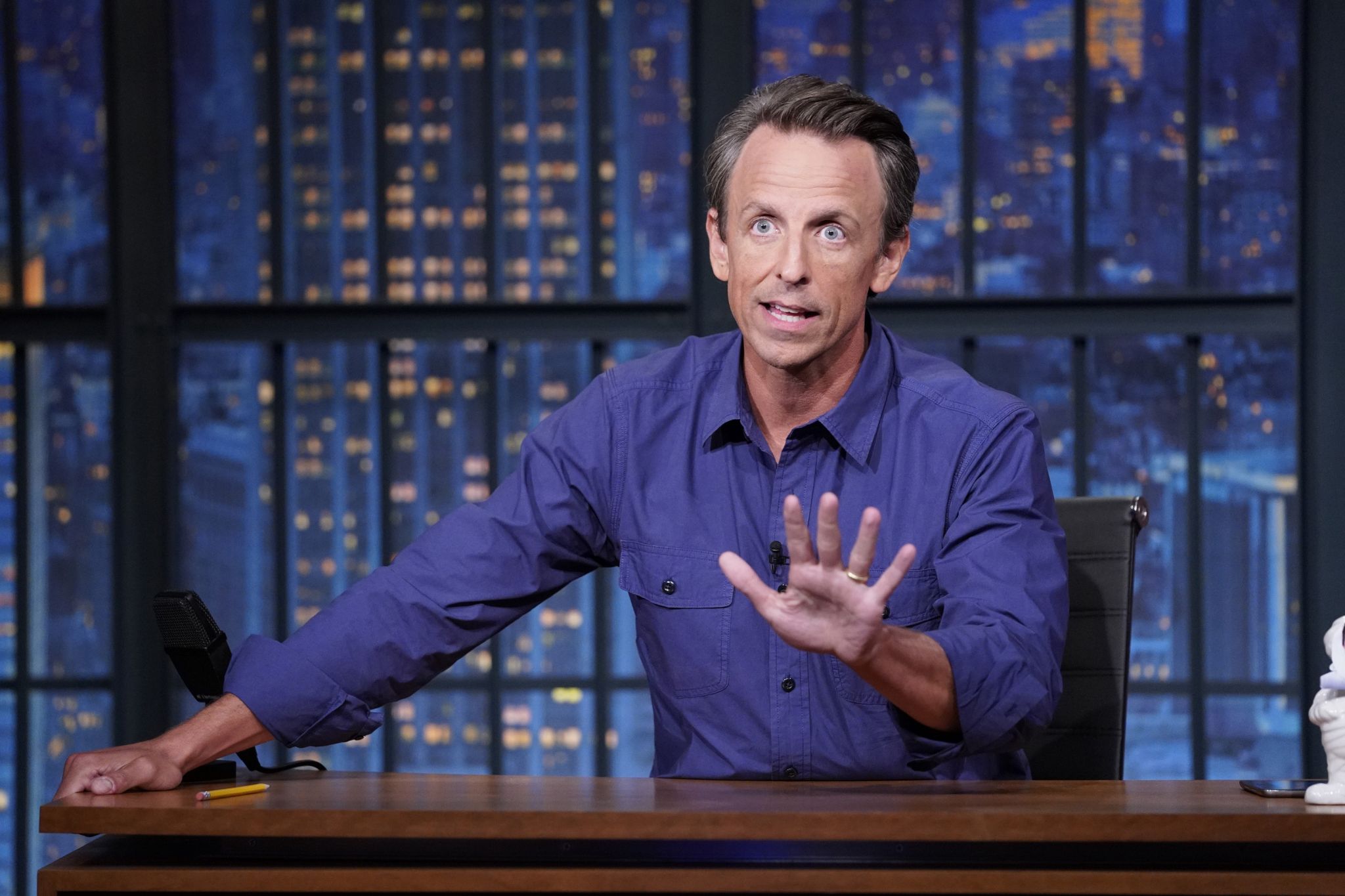 Talk show host Seth Meyers chats about Abbott's COVID case