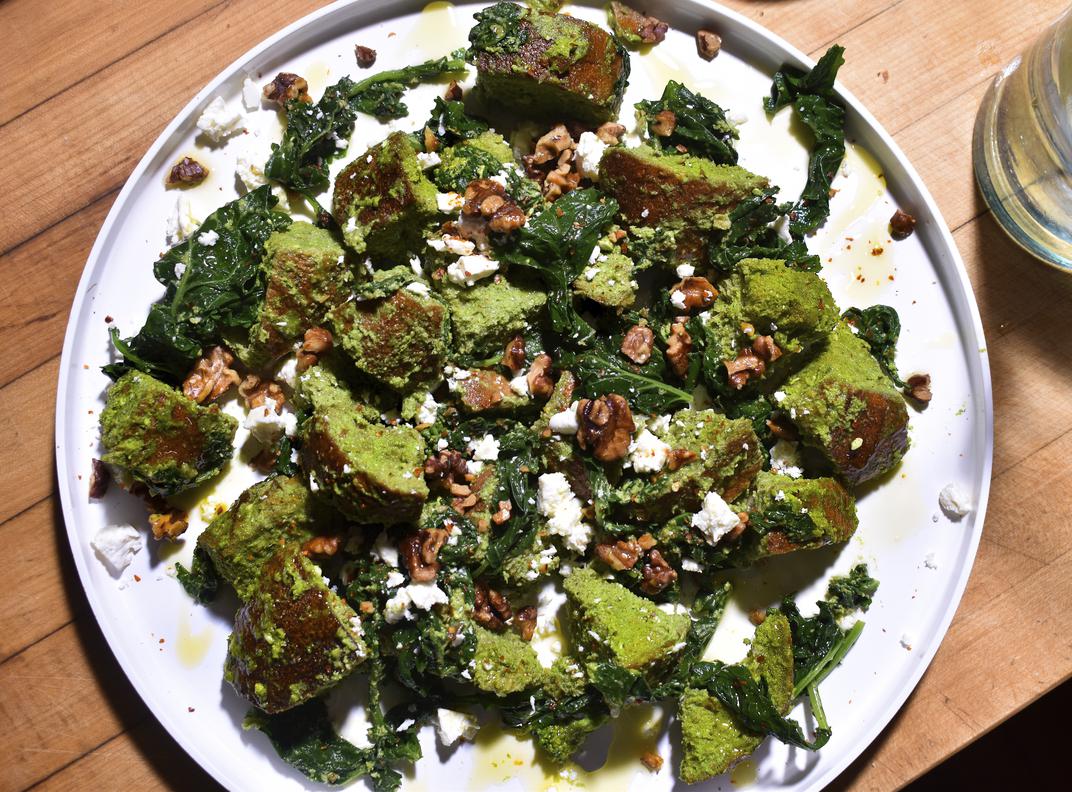 Panzanella gets playful with broccoli rabe pesto and creamy feta